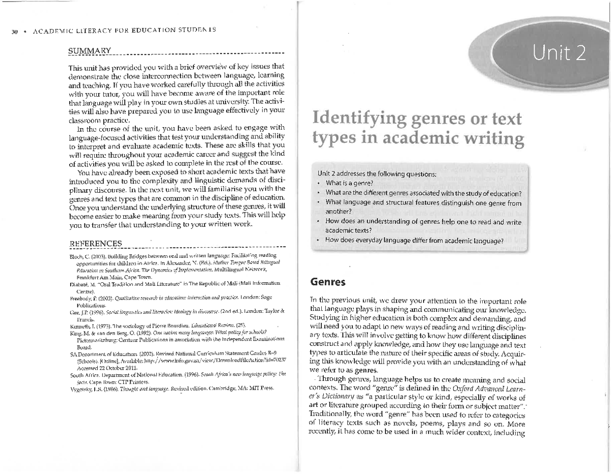 Identifying genres or text types in academic writing ( J Seligman ...
