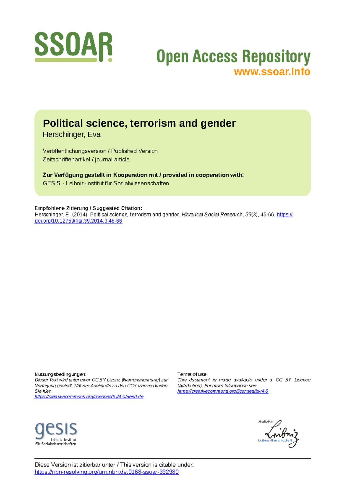 Ssoar hsr 2014 3 herschinger Political Science Terrorism And Gender 1