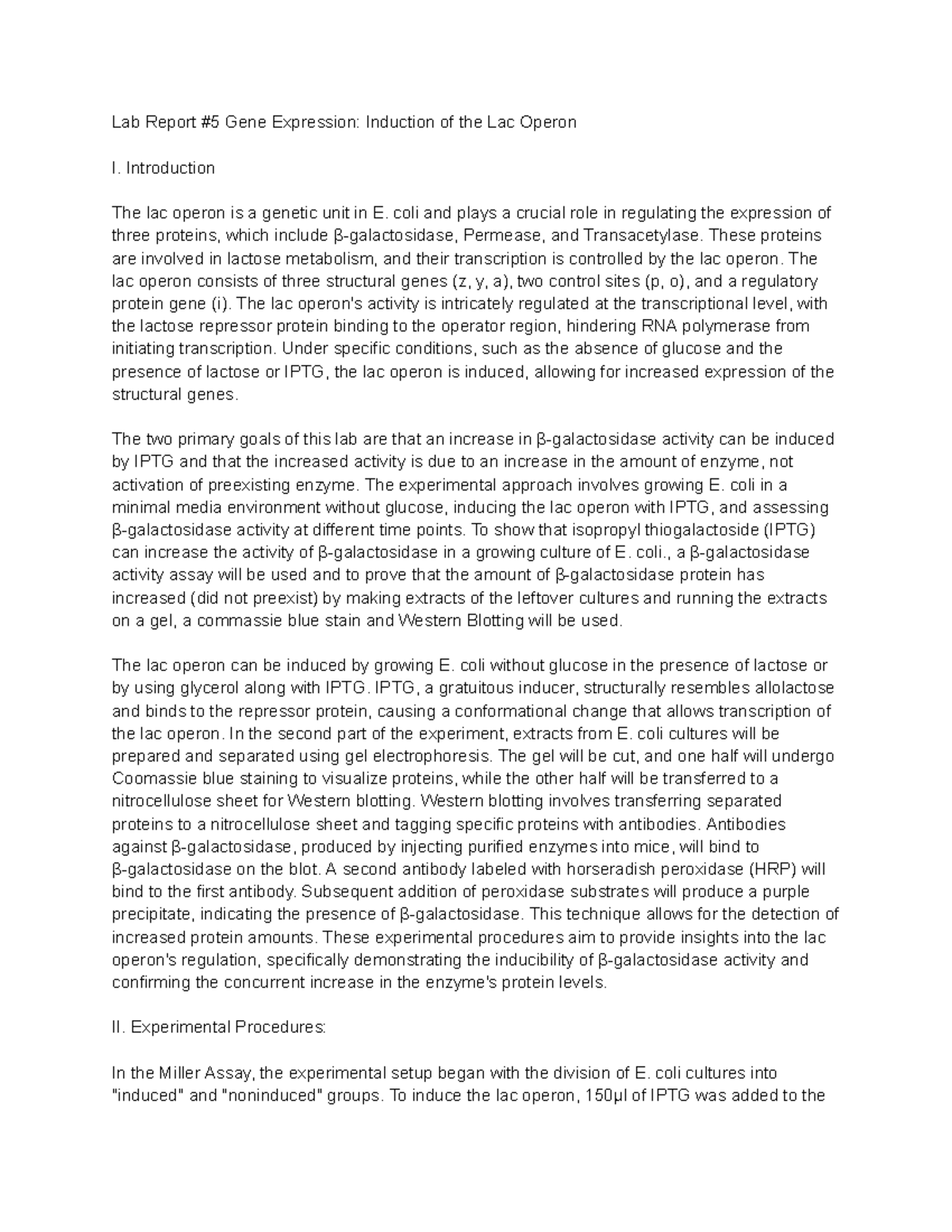 BIOL300 Lab #5 - Lab report 5 lac operon - Lab Report #5 Gene ...