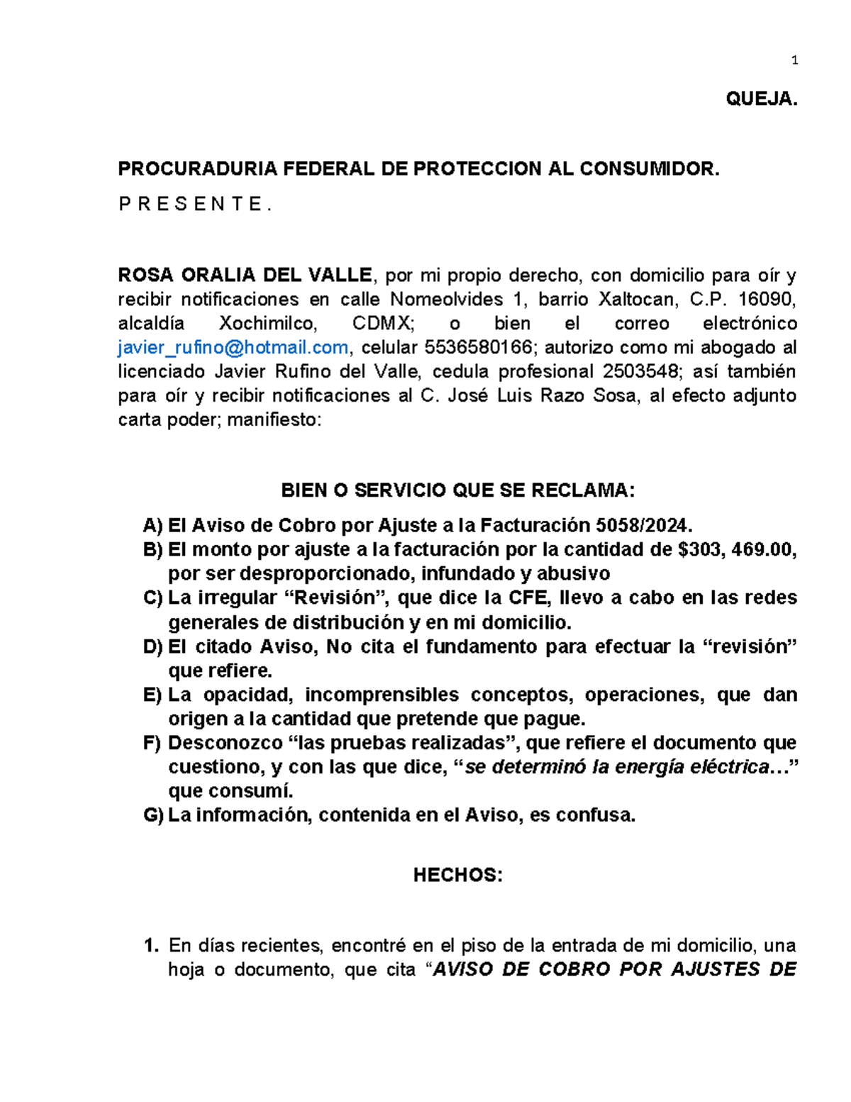 Queja Profeco CFE - 1 QUEJA. PROCURADURIA FEDERAL DE PROTECCION AL ...