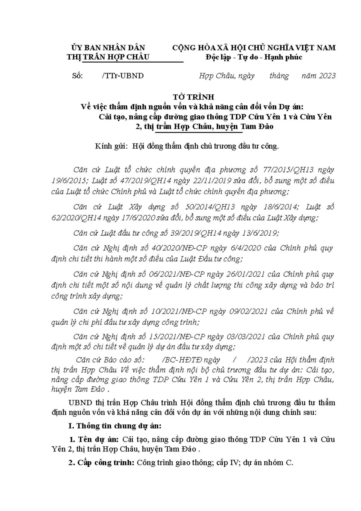 6. Tờ trình TĐ nguồn vốn - sadadasd - ỦY BAN NHÂN DÂN THỊ TRẤN HỢP CHÂU ...