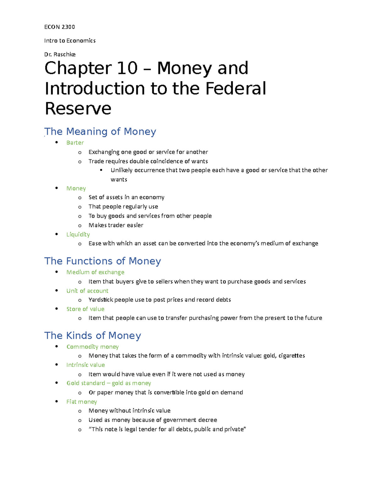 Chapter 10 - Money - ECON 2300 Intro to Economics Dr. Raschke Chapter ...
