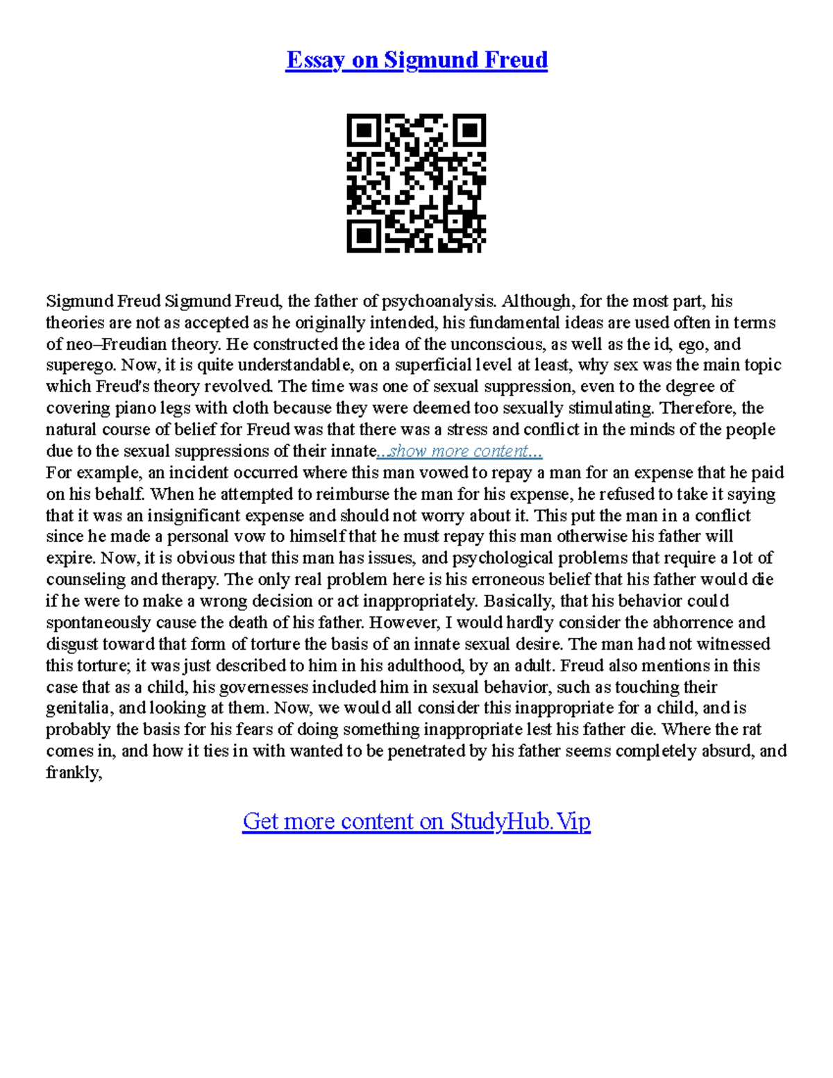 Essay On Sigmund Freud - Essay on Sigmund Freud Sigmund Freud Sigmund ...