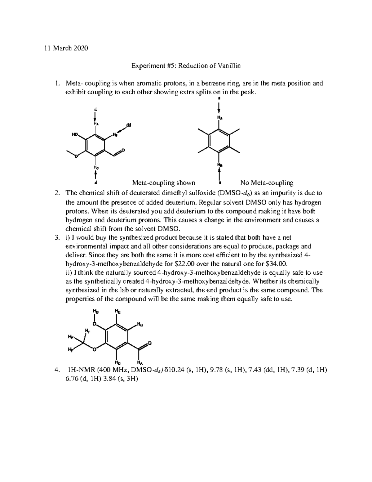 Experiment #5- Reduction of Vanillin - 11 March 2020 Experiment #5 ...