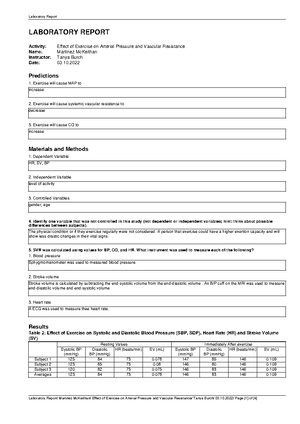 Pp lab report cardiac - LABORATORY REPORT Activity: Effect of Exercise ...