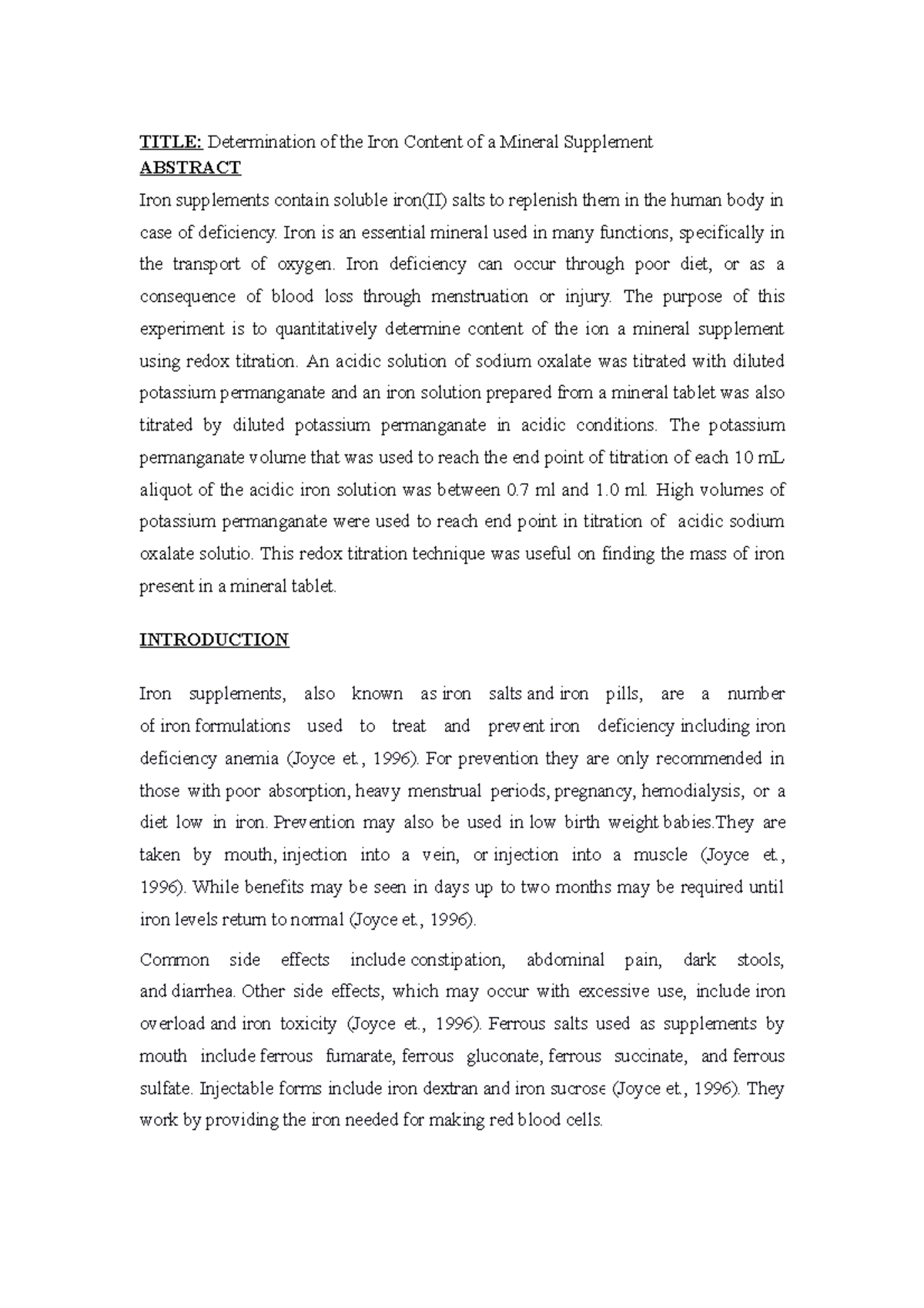 BCH 321 PRAC 03 - TITLE : Determination of the Iron Content of a ...