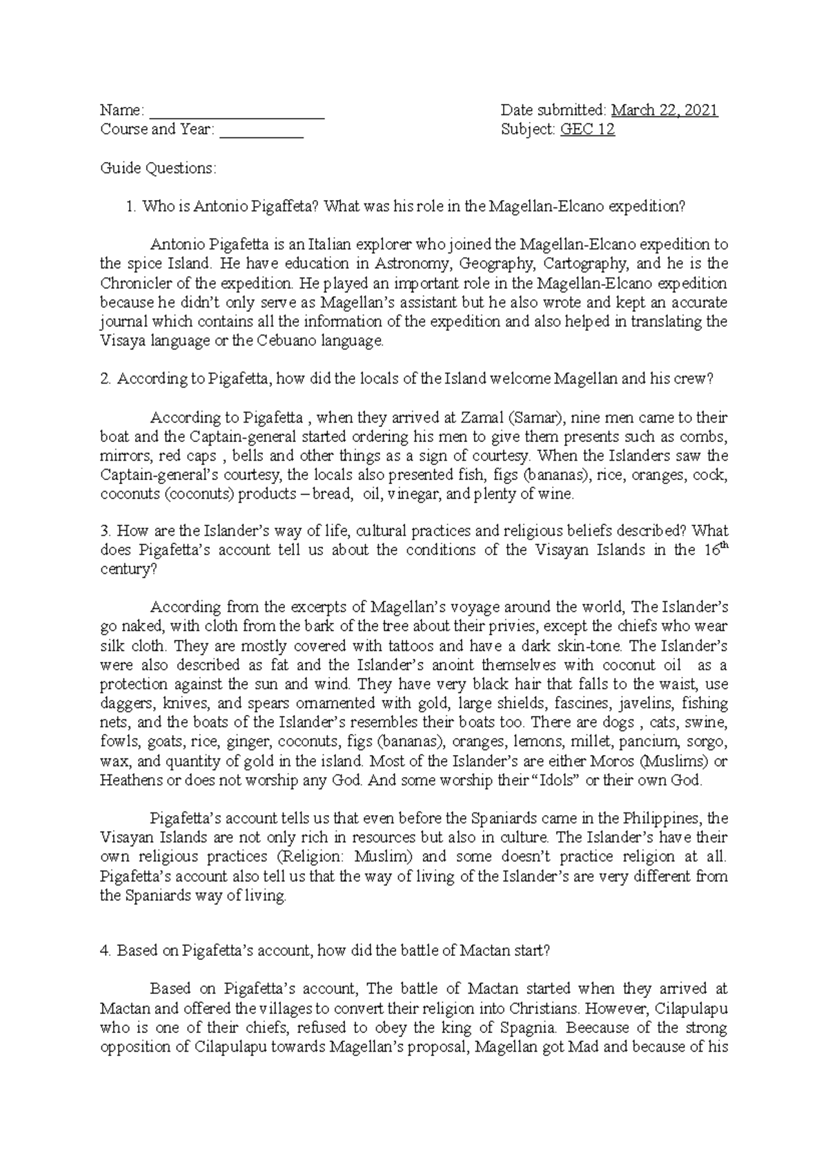 Expedition of Magellan Guide questions and answer - Name ...