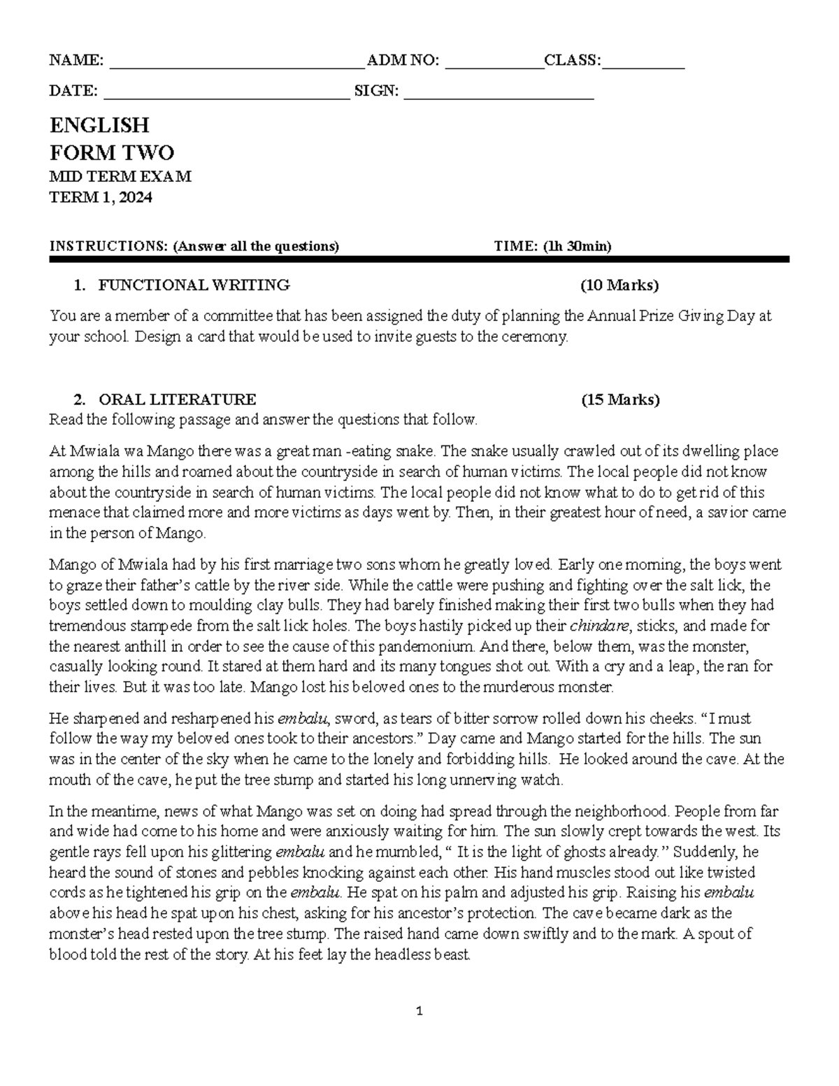 English F2 EXAM - lesson notes - NAME ...