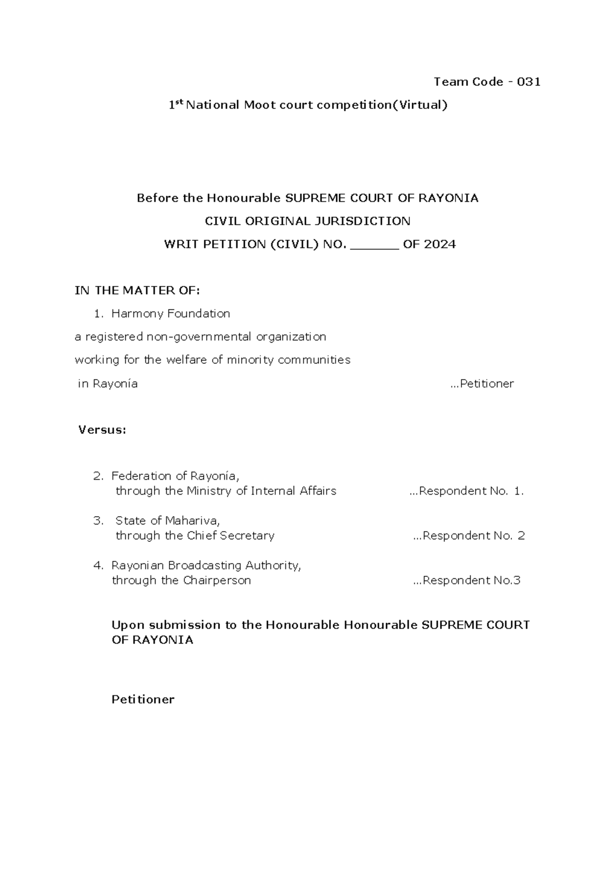 Moot court memorial - Team Code - 031 1 st National Moot court ...