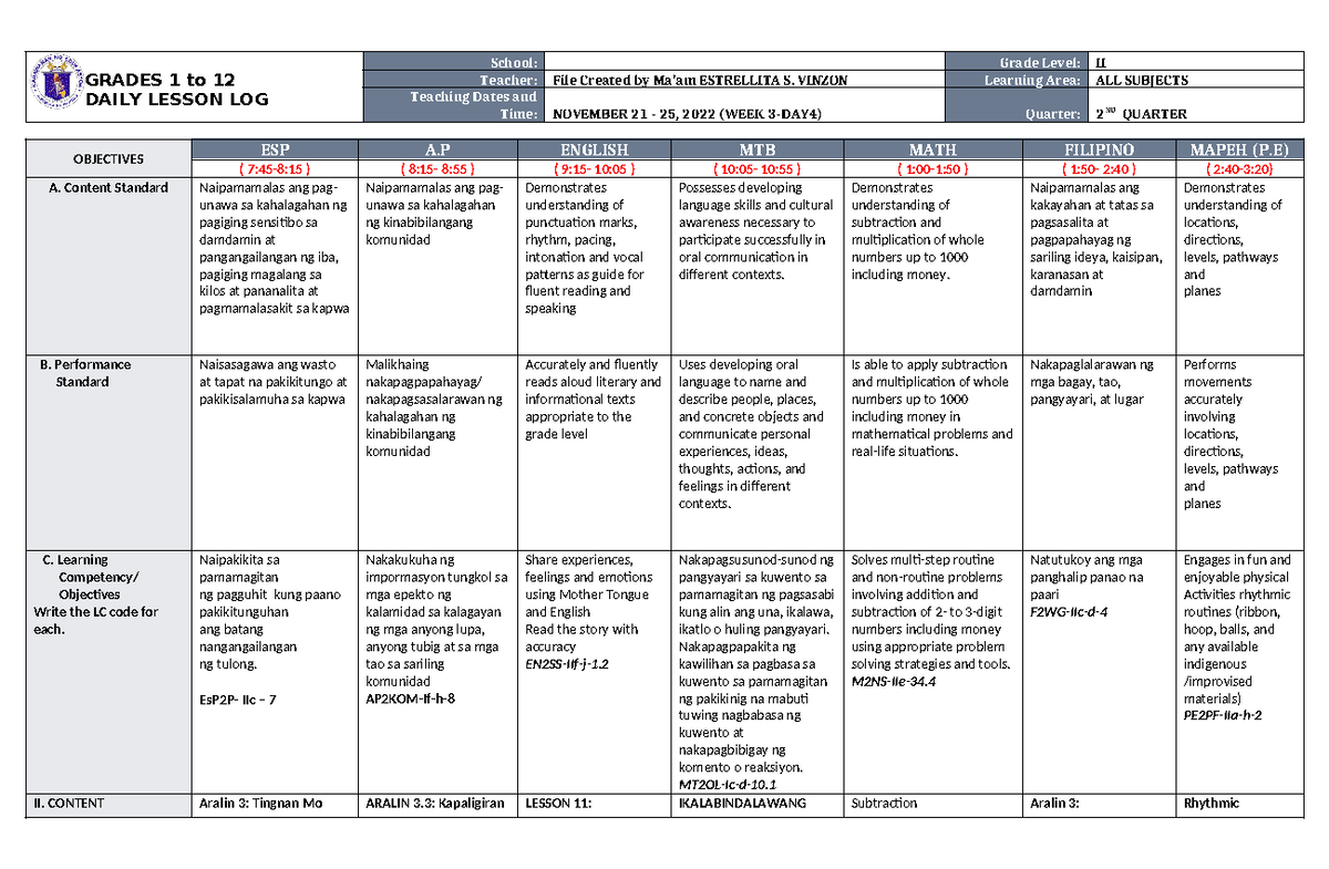 DLL ALL Subjects 2 Q2 W3 D4 - GRADES 1 to 12 DAILY LESSON LOG School: Grade Level: II Teacher ...