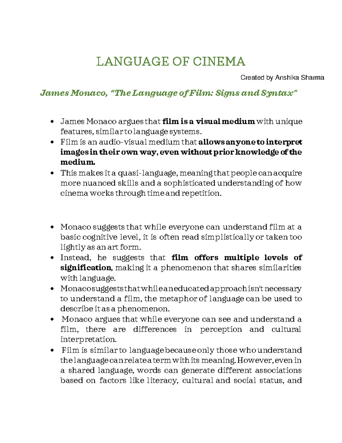 Cinema - LANGUAGE OF CINEMA James Monaco, “The Language of Film: Signs ...