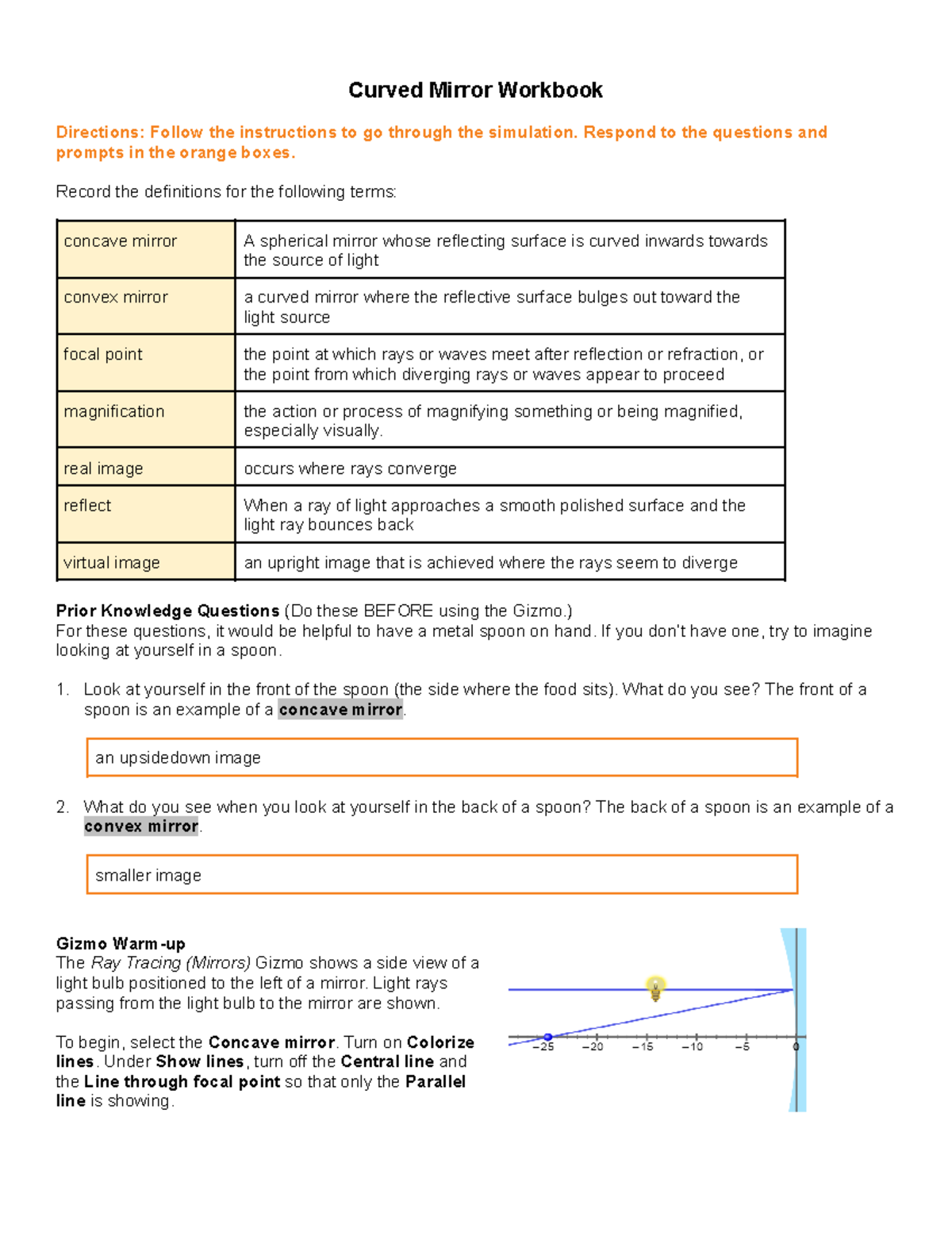 Curved Mirror Workbook Part A - Curved Mirror Workbook Directions ...
