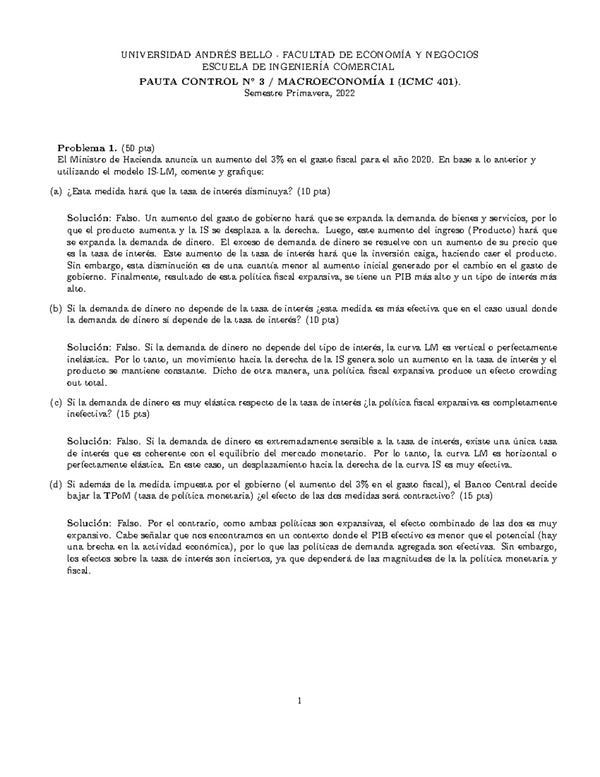 Control 3 macroeconomia 1 - UNIVERSIDAD ANDR ́ES BELLO - FACULTAD DE ...