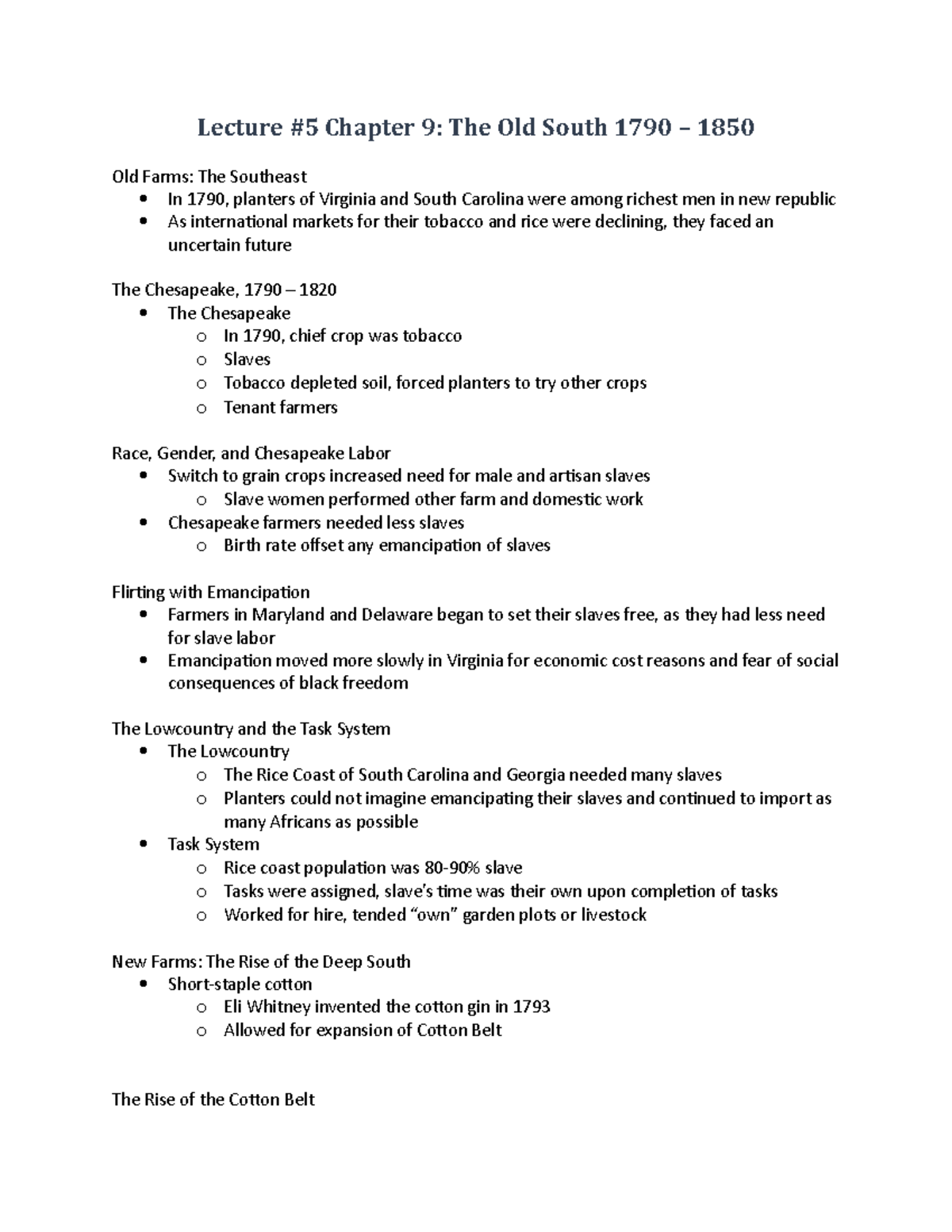 HIST 180 Lecture 5 - Lecture #5 Chapter 9: The Old South 1790 – 1850 ...