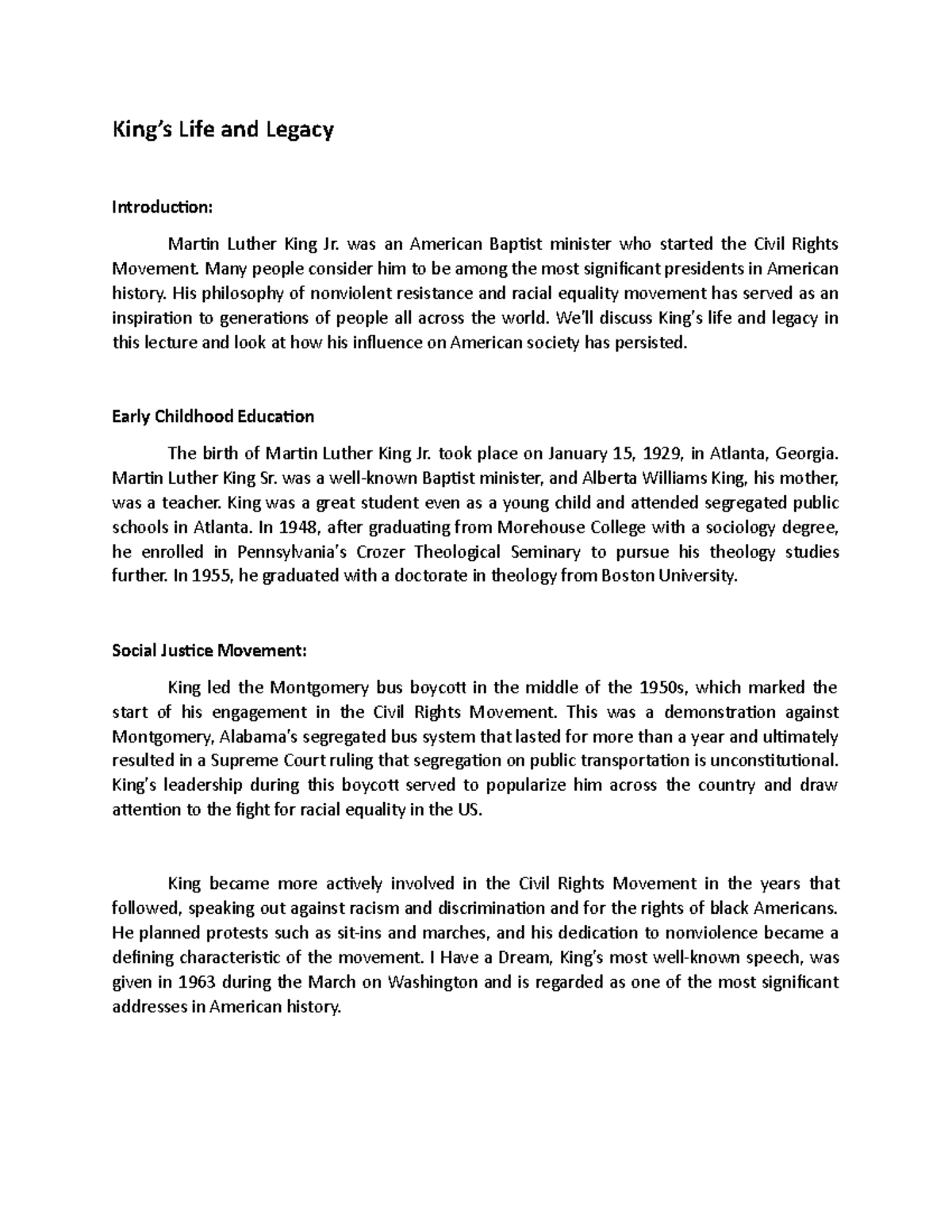 Lecture Notes - King - King’s Life and Legacy Introduction: Martin ...