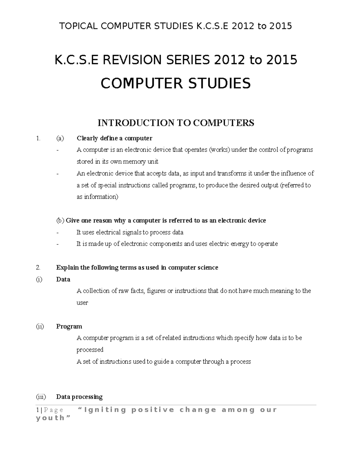 Computer Studies - Other - K.C.S REVISION SERIES 2012 to 2015 COMPUTER ...