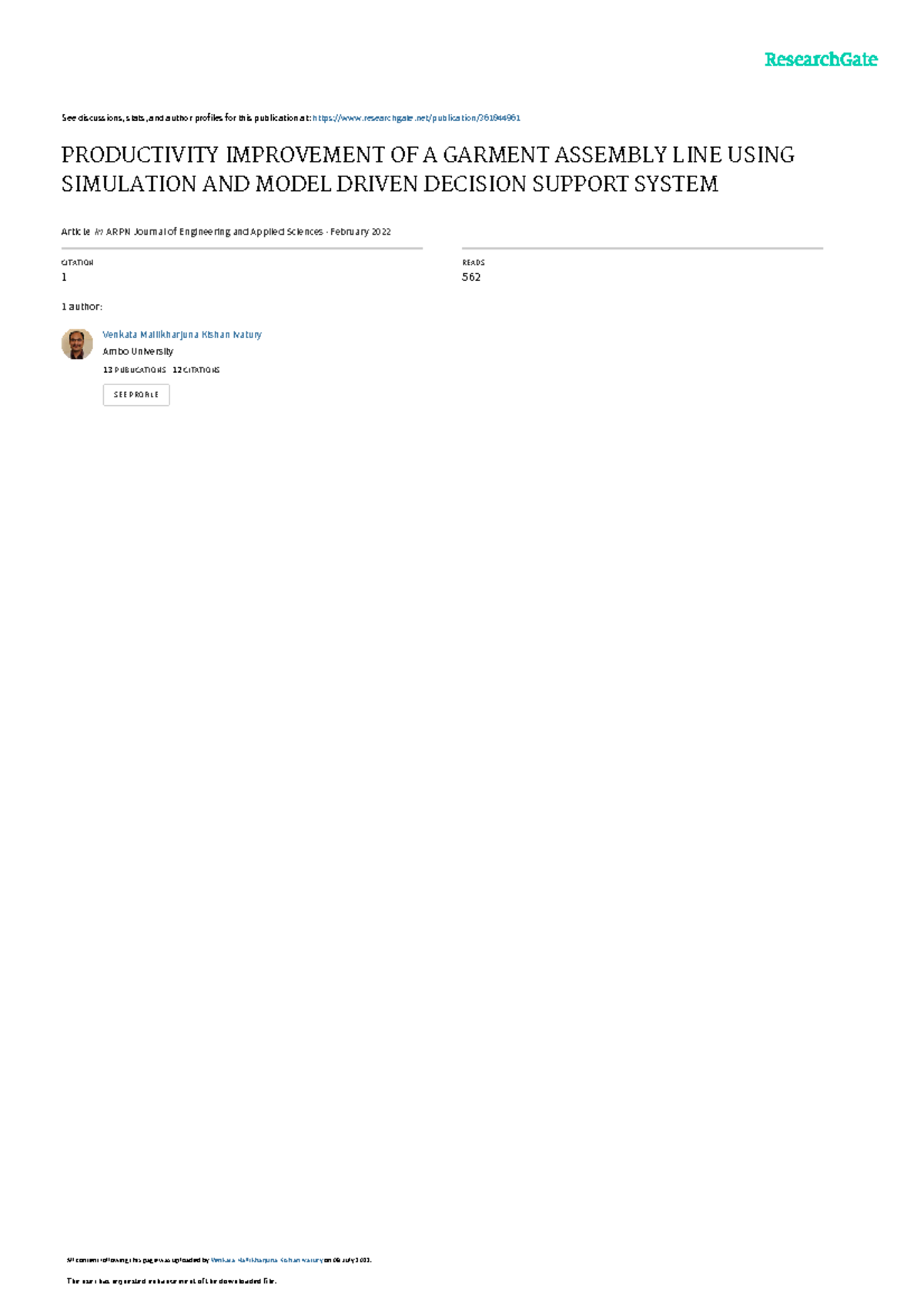 Productivity Improvement OF A Garment Assembly LINE Using Simulation AND Model Driven Decision ...