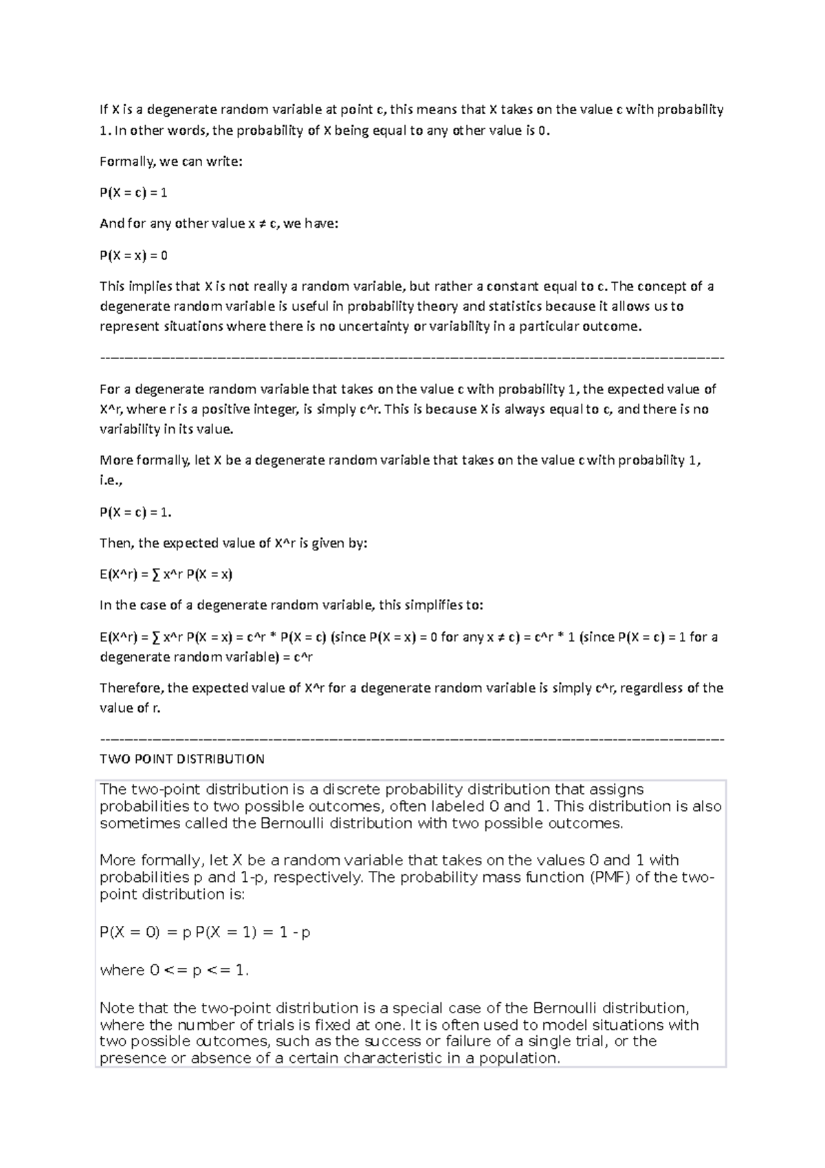 3rd sem stats by Aditya - lec - If X is a degenerate random variable at point c, this means that ...