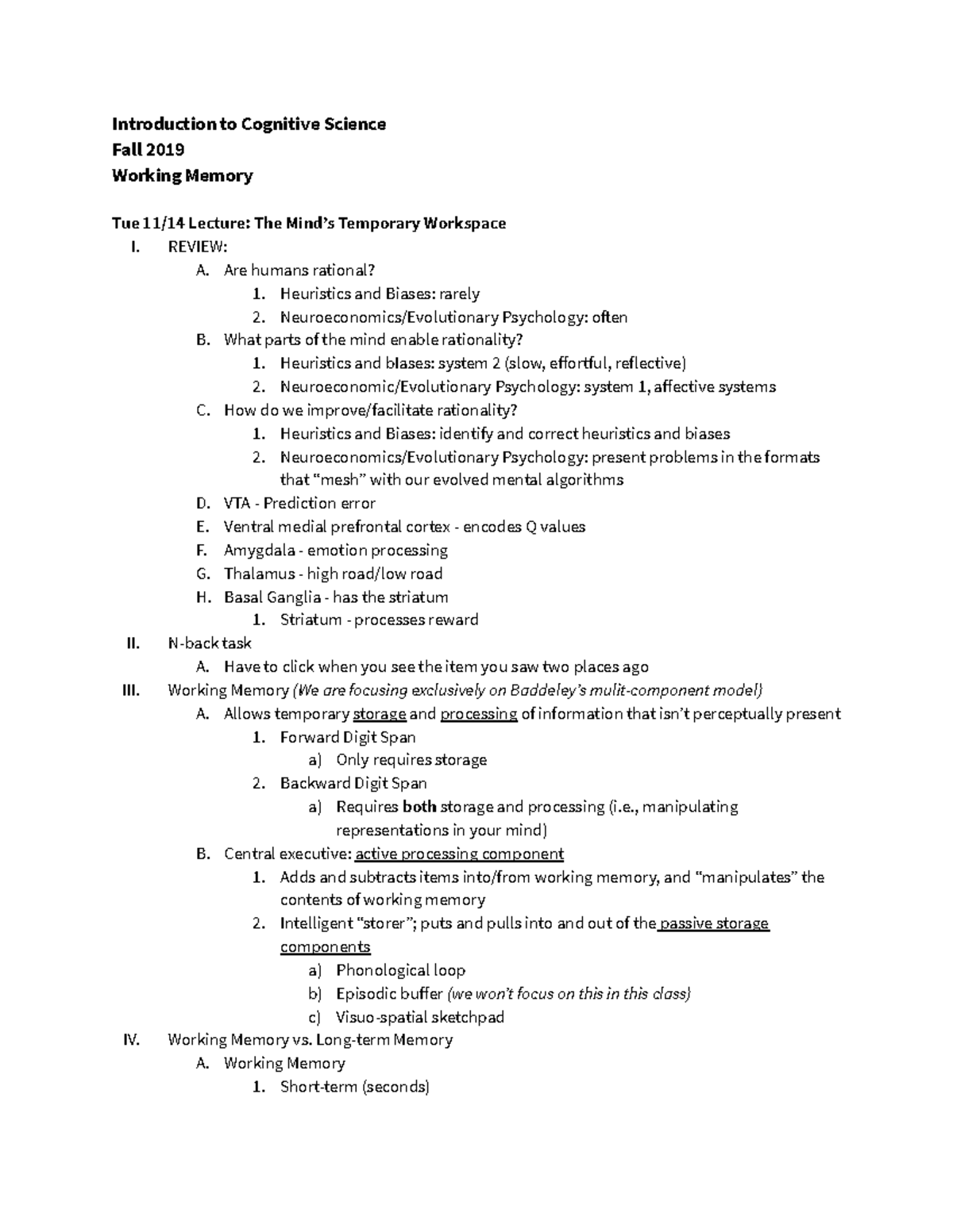 Working Memory - Notes on Lecture 18 - Introduction to Cognitive ...
