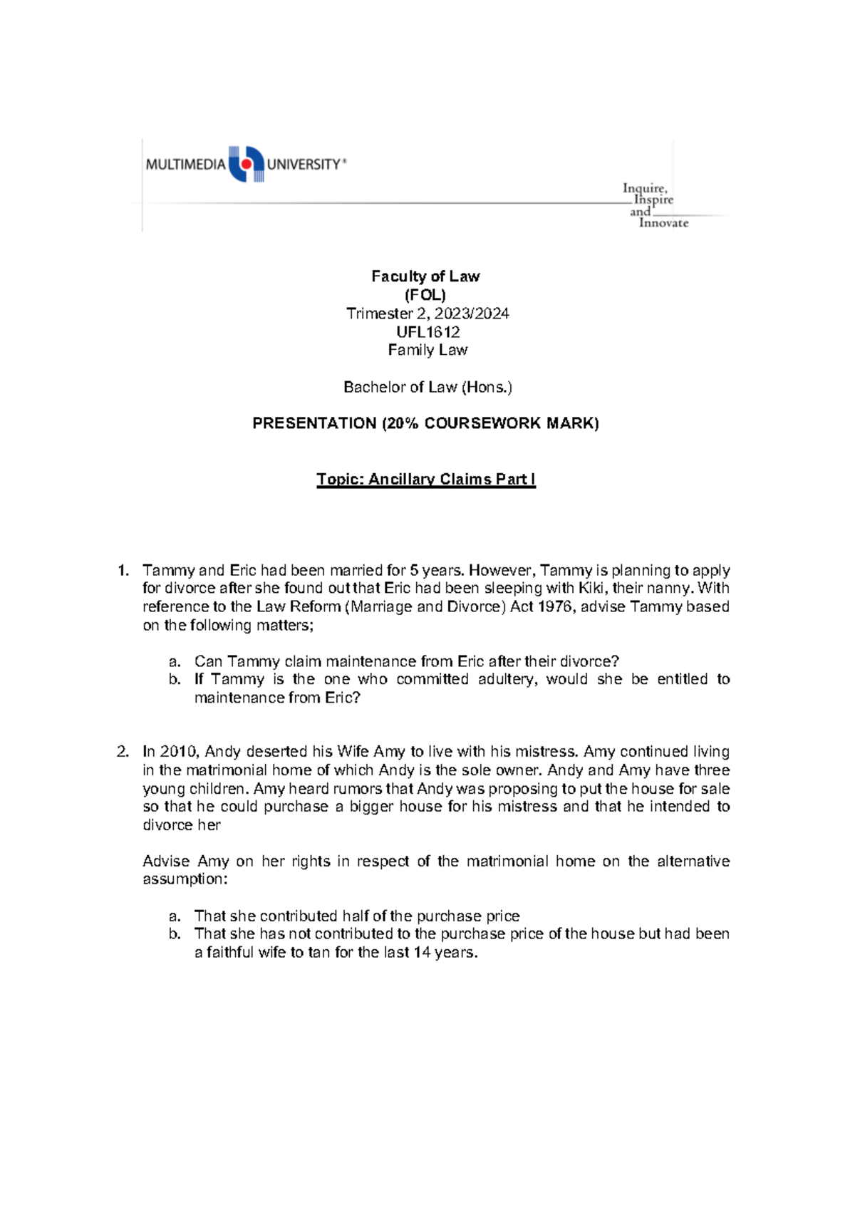 Presentation question and Tutorial Week 11 - Faculty of Law (FOL) Trimester 2 , 2023/ UFL Family ...