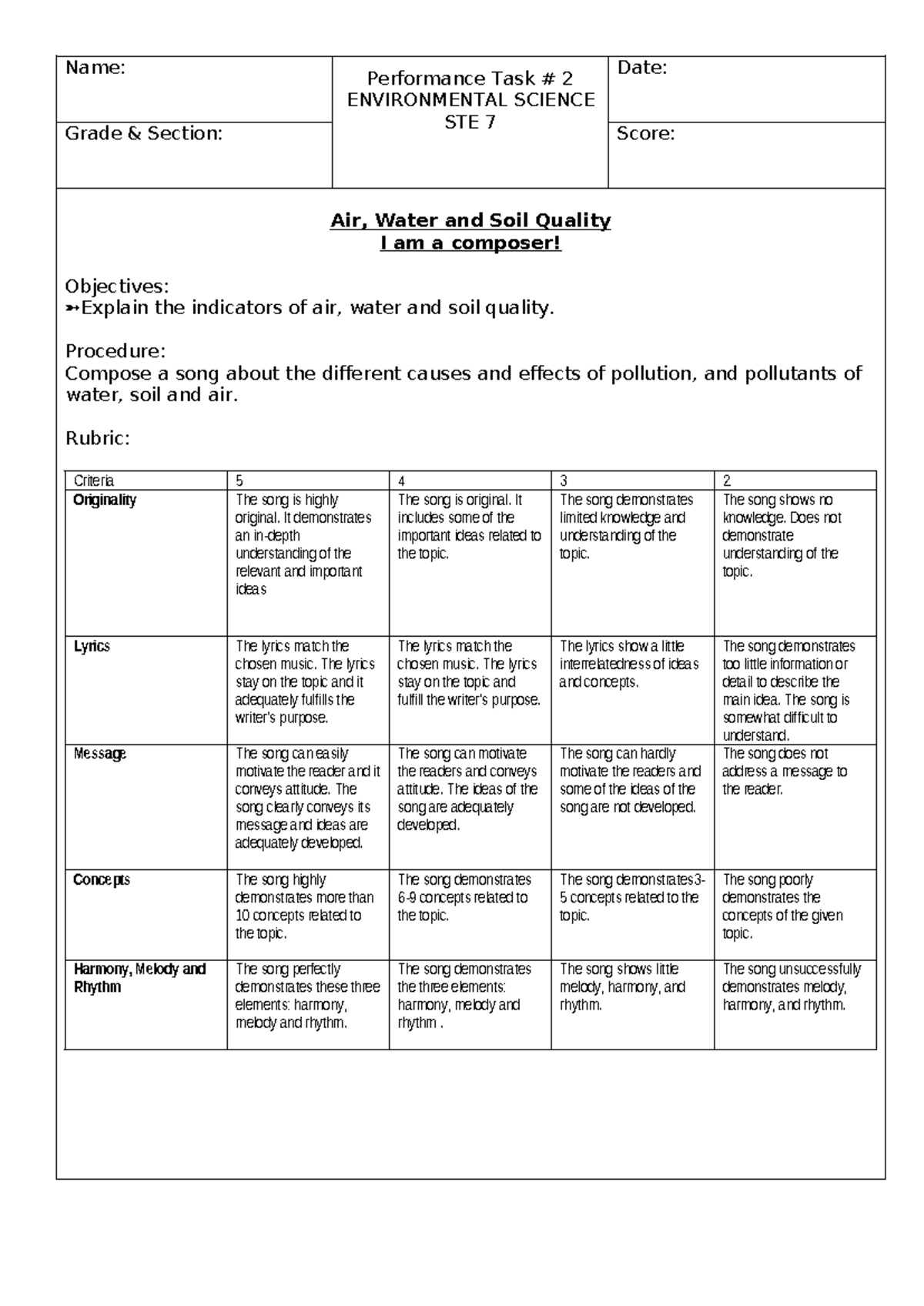 Song Composition Rubric - Name: Performance Task # 2 ENVIRONMENTAL ...