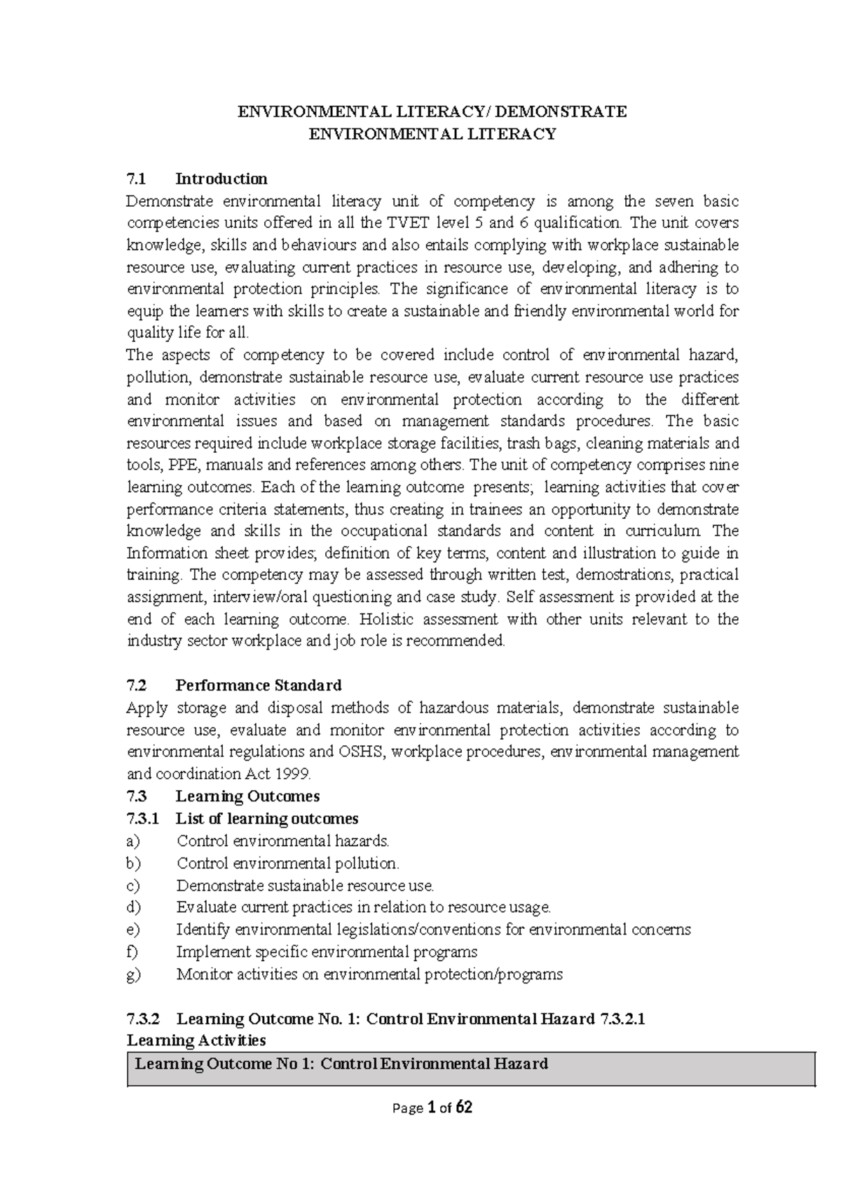Environmental Literacy notes - ENVIRONMENTAL LITERACY/ DEMONSTRATE ...