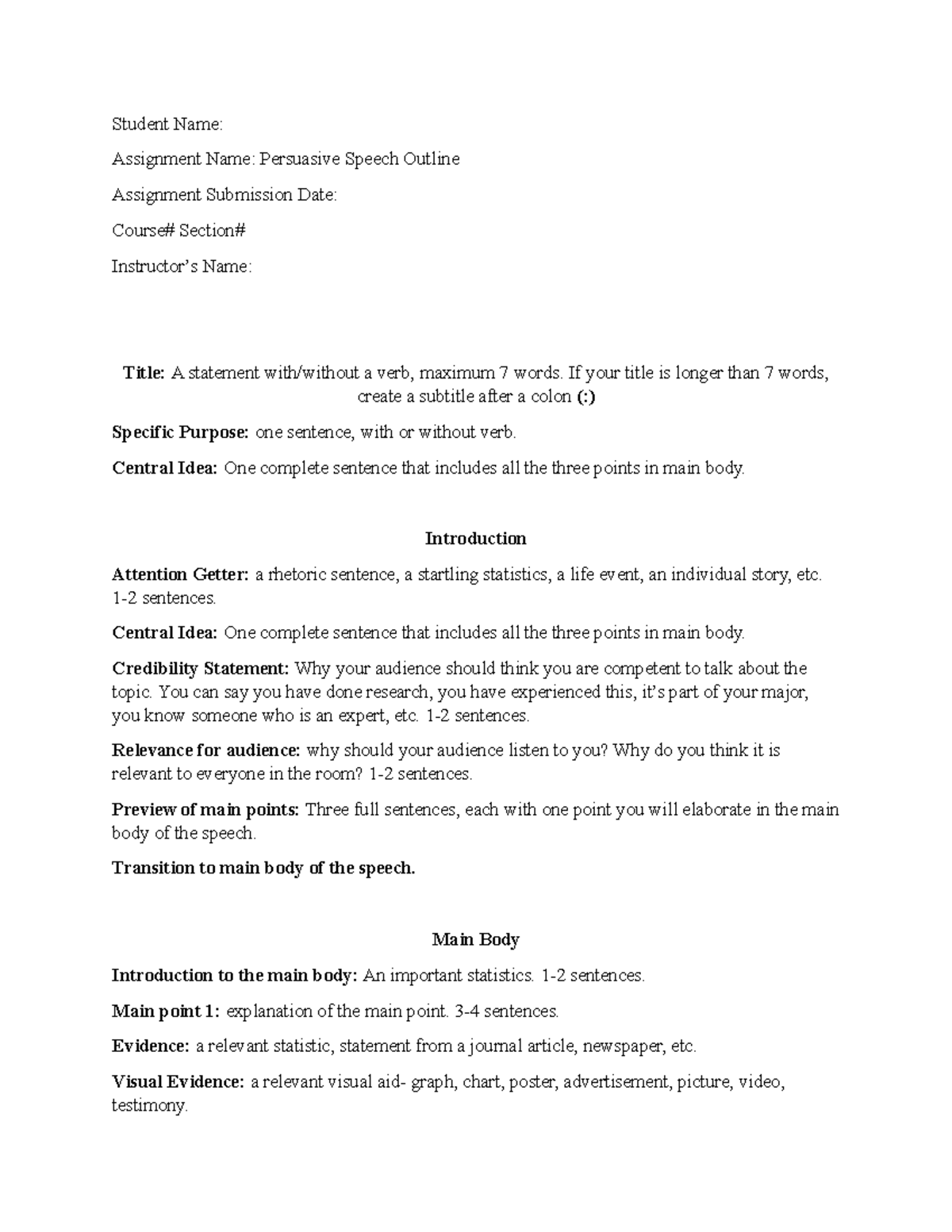 Persuasive Speech Blank Outline Template - Student Name: Assignment ...