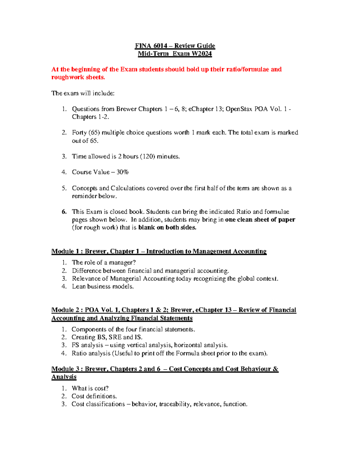 FINA 6014 - Mid Term Exam Review W2024 - FINA 6014 – Review Guide Mid ...