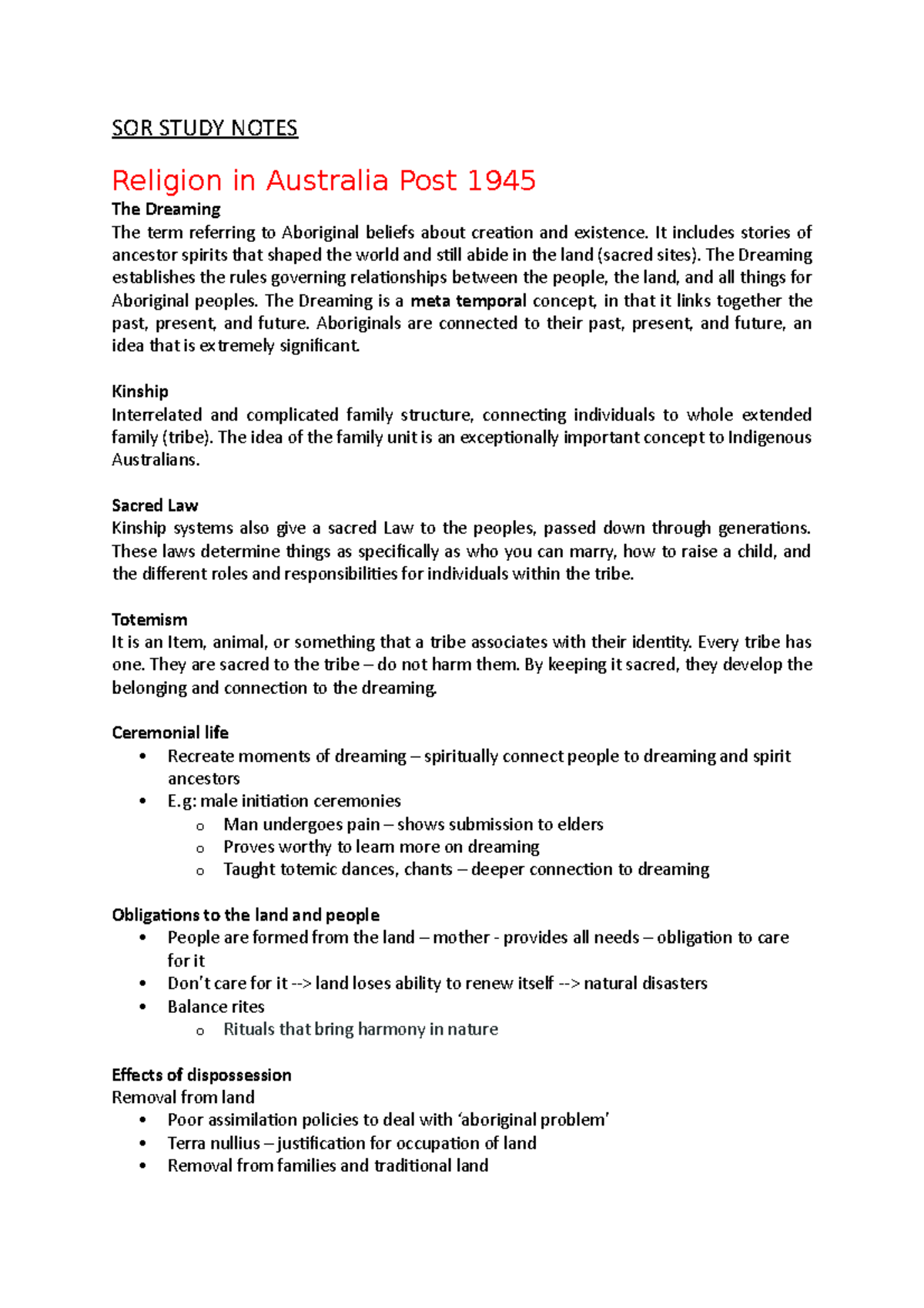 SOR Study Notes - SOR STUDY NOTES Religion in Australia Post 1945 The ...