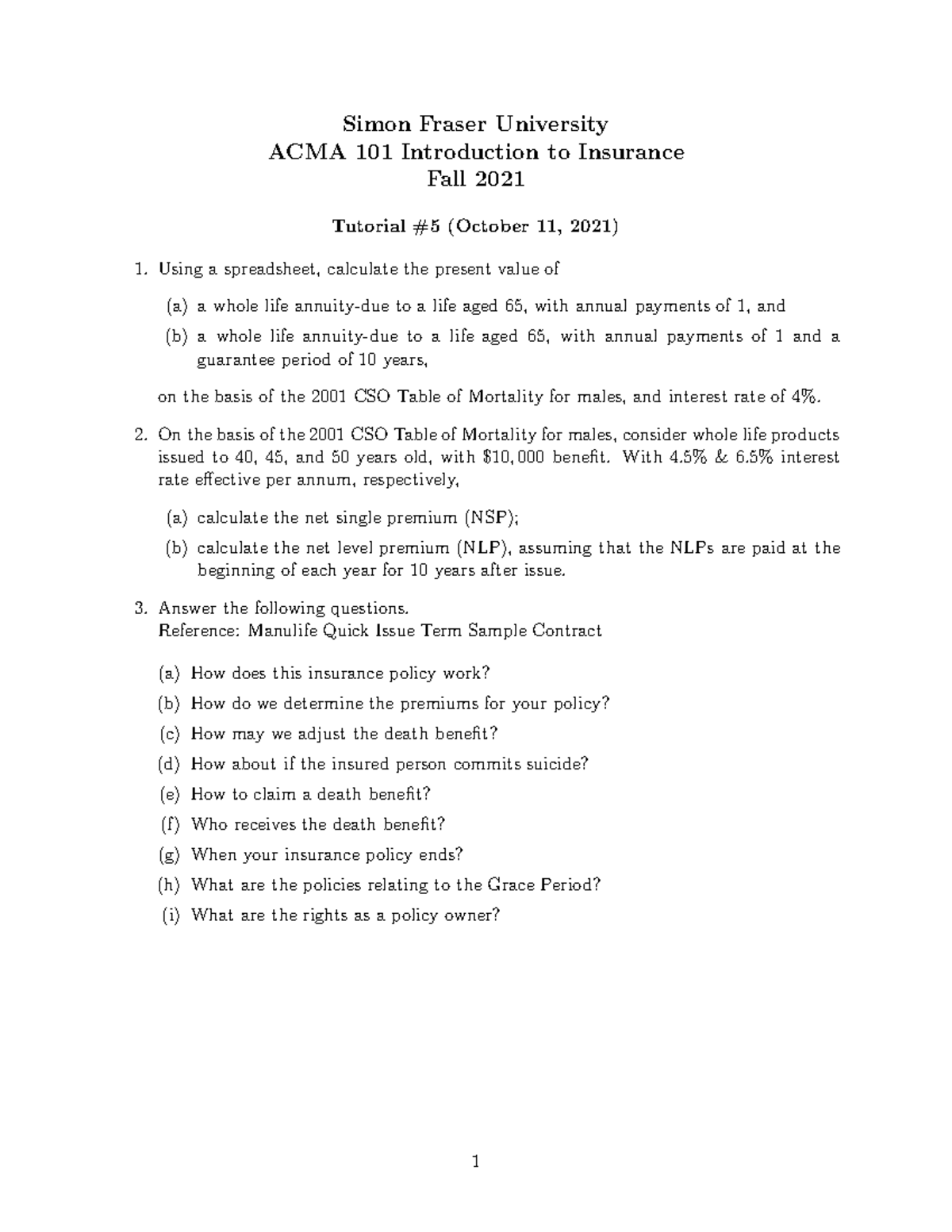 Acma101 21F Tut5 - Tutorial 5 homework practice - Simon Fraser ...