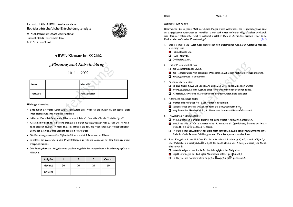 Probeklausur Sommersemester 2016, Fragen und Antworten - Name ...