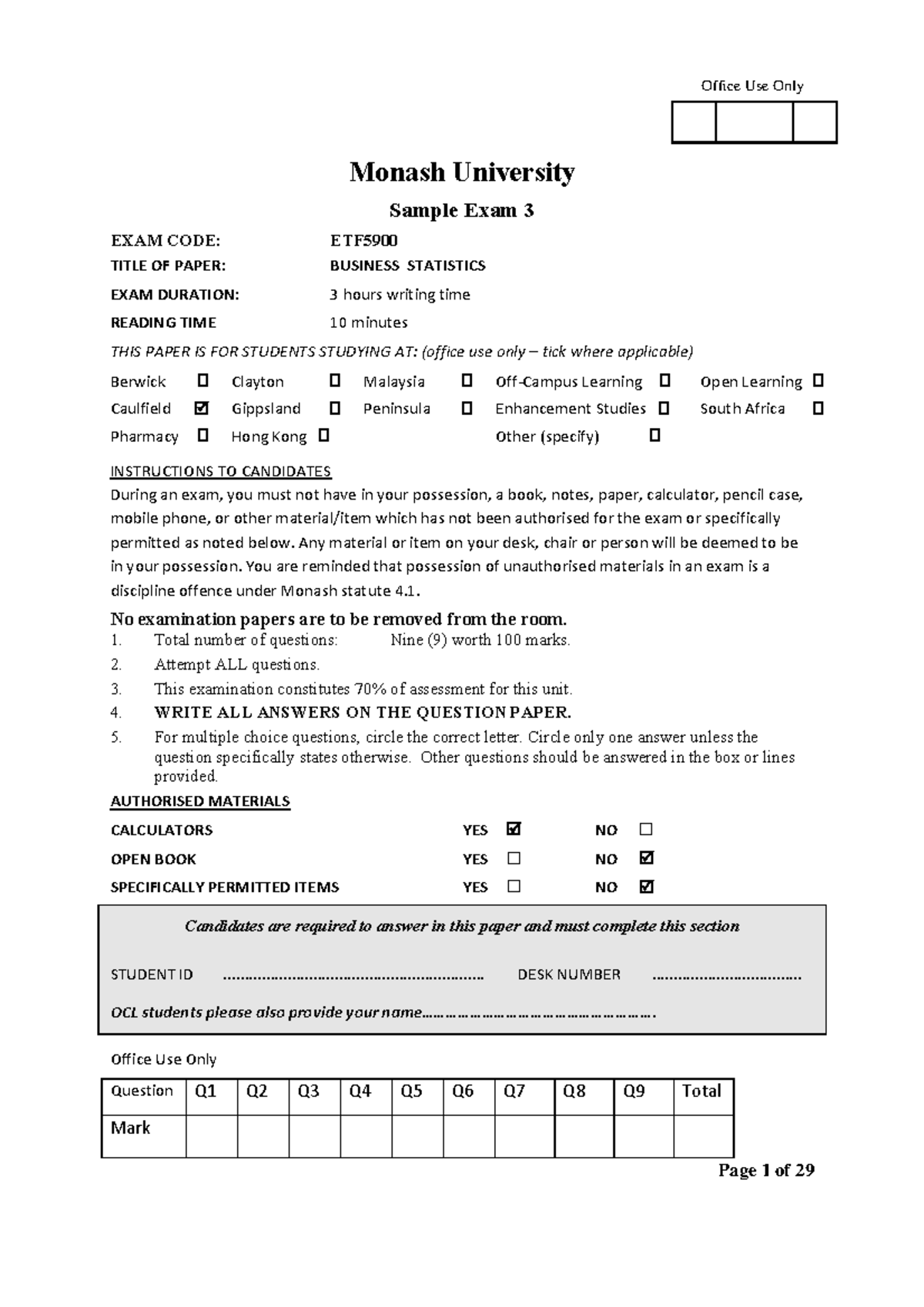 Sample Exam 3, questions.pdf - • Page 1 of 29 Office Use Only Monash ...