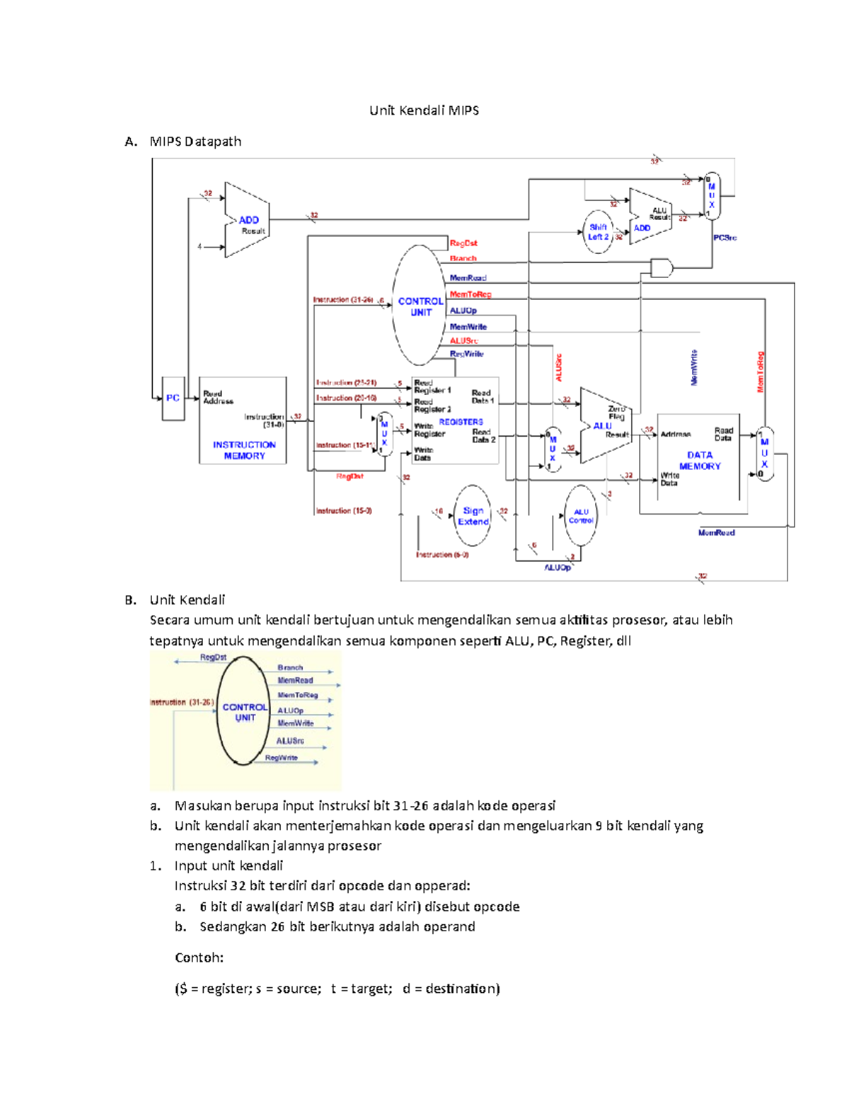 Unit Kendali MIPS - MIPS Datapath B. Unit Kendali Secara umum unit kendali bertujuan untuk - Studocu