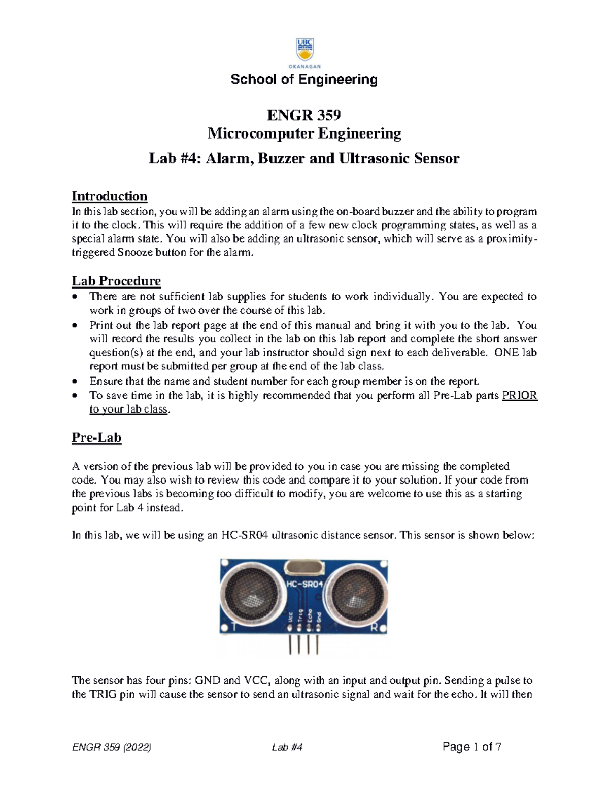 Lab 4 Manual - Lab #4: Alarm, Buzzer and Ultrasonic Sensor - School of ...