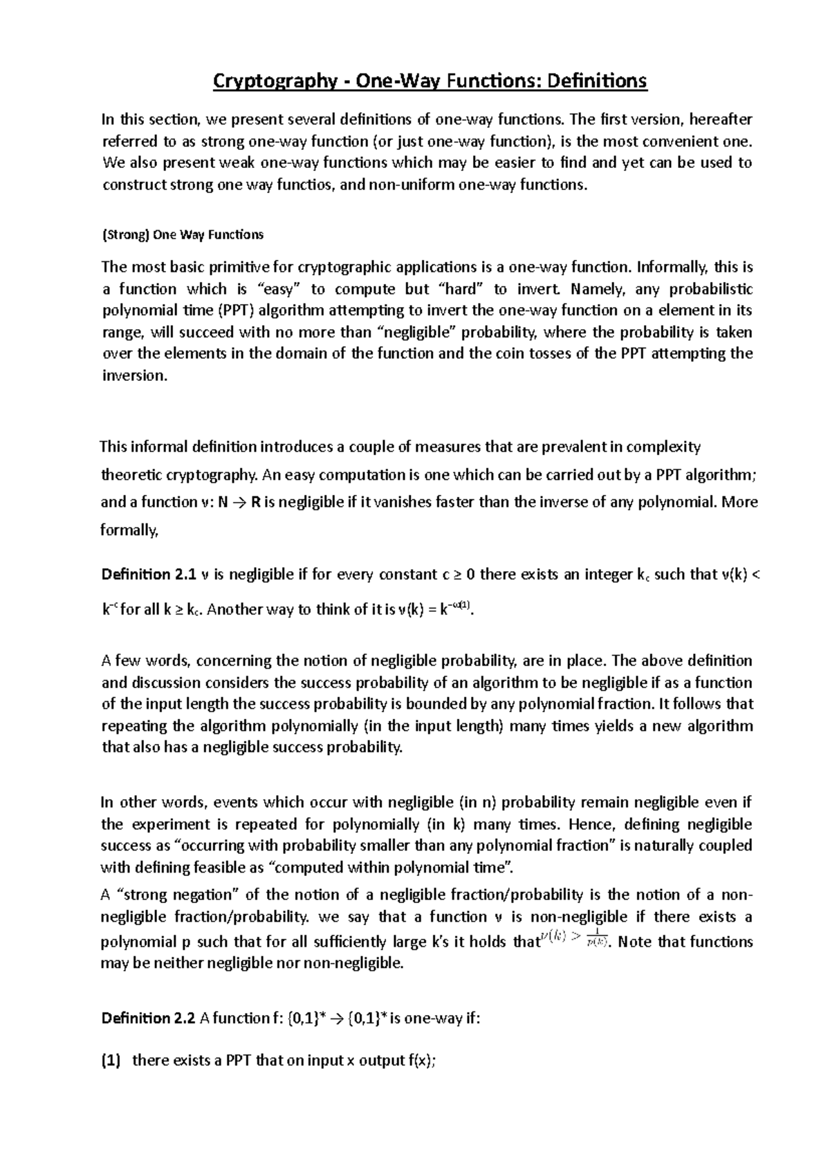 Cryptography - One-Way Functions- Definitions - The first version, hereafter referred to as ...