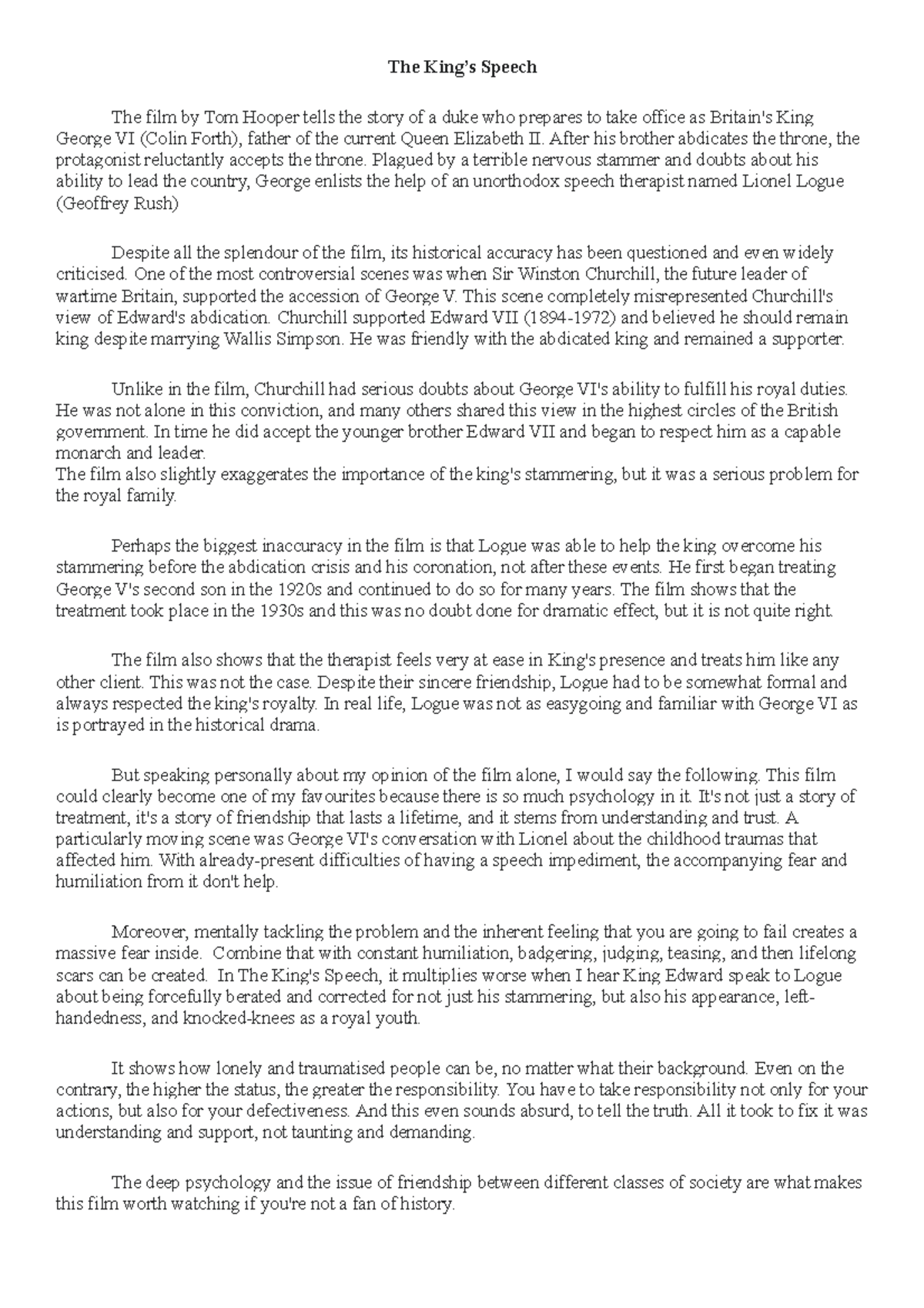 Kashchei summary 2 the King's speech - The King’s Speech The film by ...