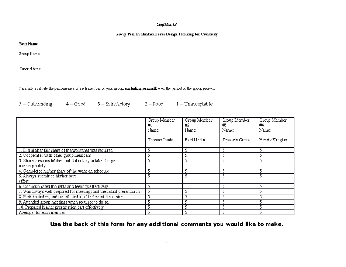 Group Peer Evaluation Form (1)(1) - Confidential Group Peer Evaluation ...