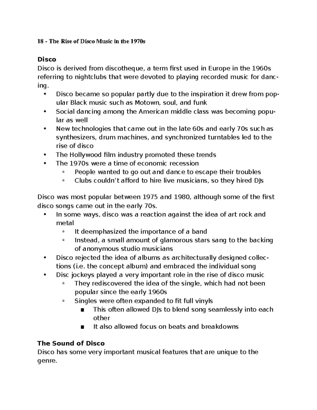 Ch. 18 Notes - The Rise of Disco - 18 - The Rise of Disco Music in the ...