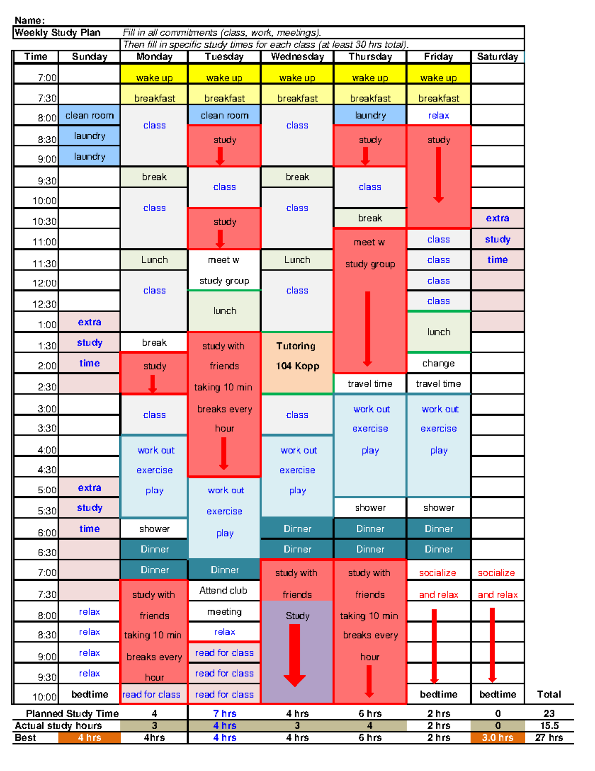 Weekly Study Plan Sample-1 - Name: Weekly Study Plan Fill in all ...