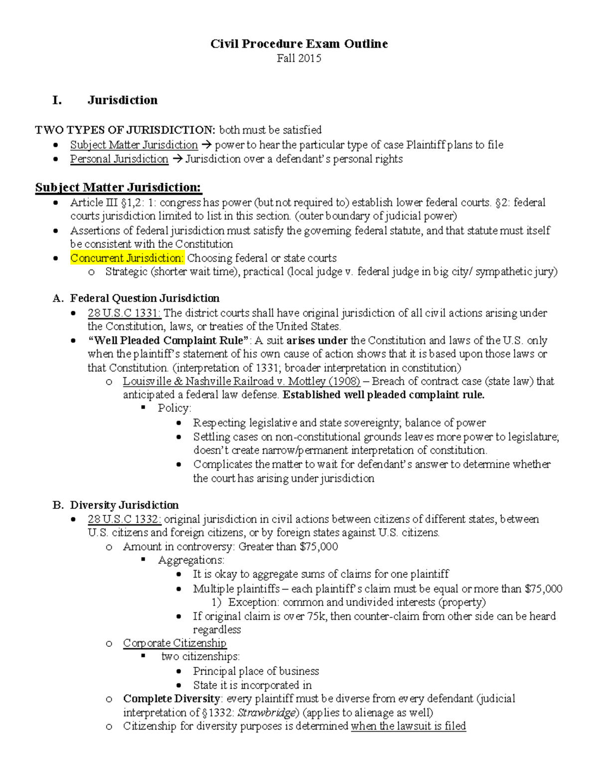 Civ Pro Final Outline 15 - Civil Procedure Exam Outline Fall 2015 I ...