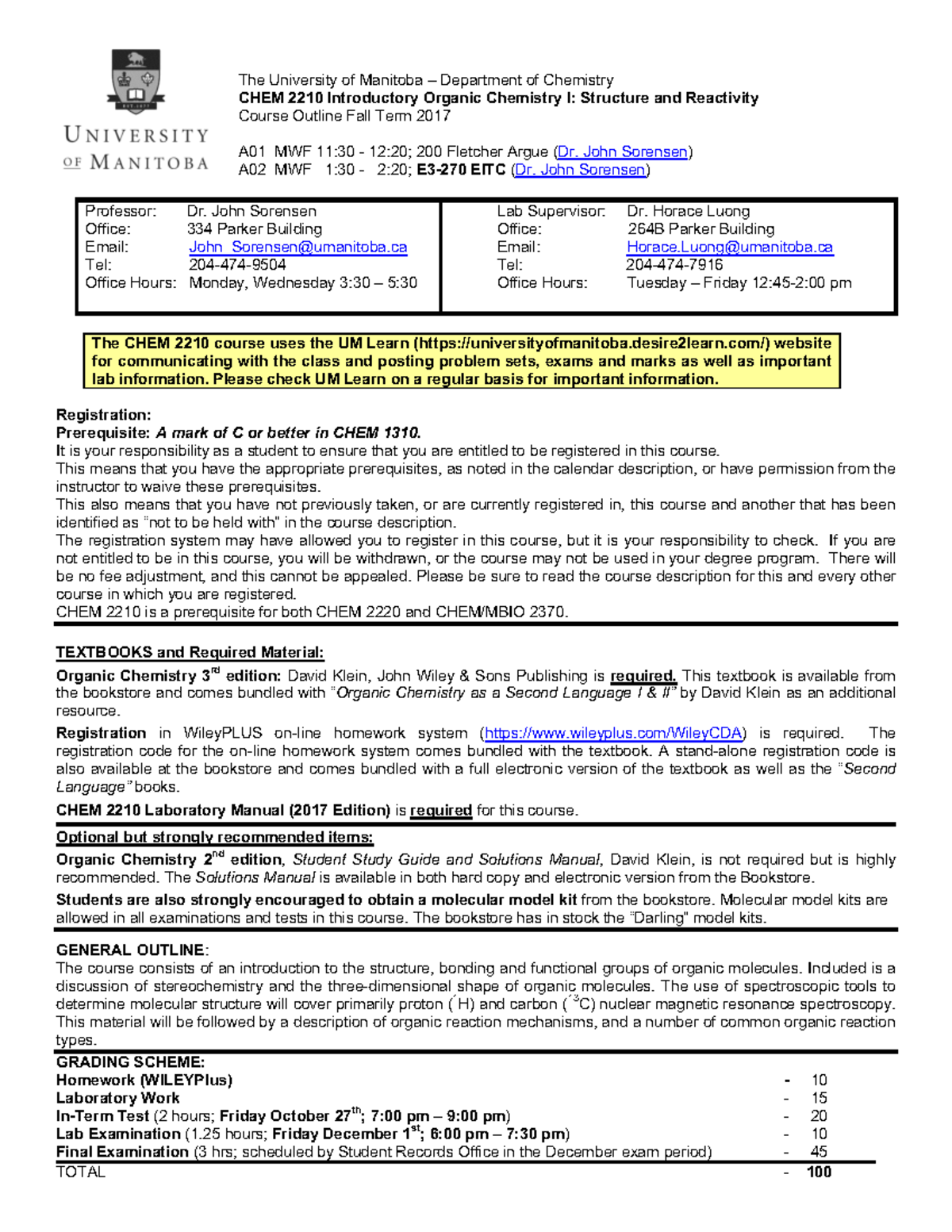 University of Manitoba Chemistry Course Outline - Studocu