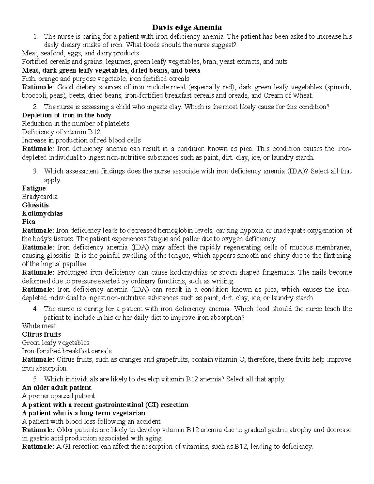 Davis edge Anemia - Davis edge Anemia The nurse is caring for a patient ...