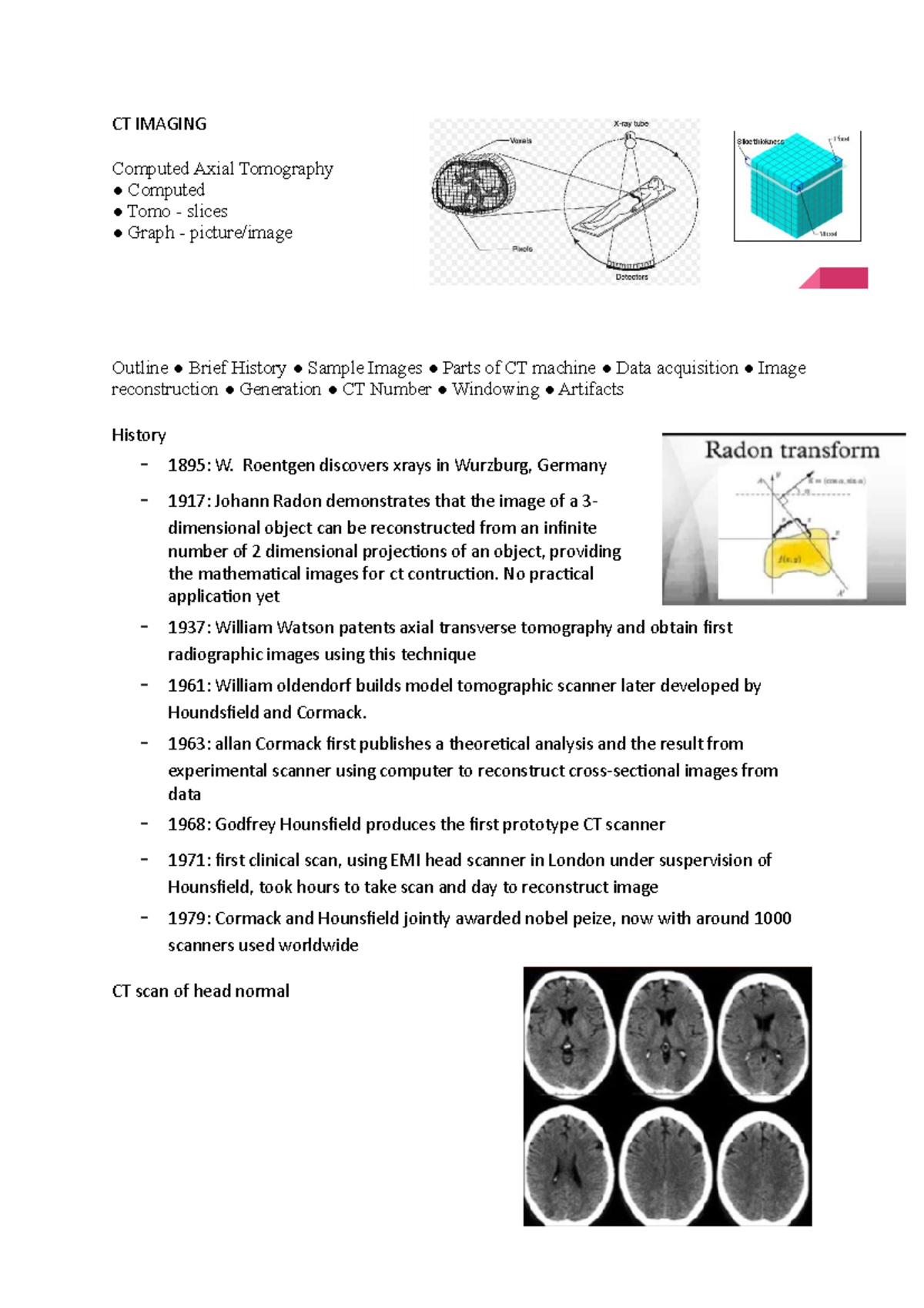 CT Imaging lecture 3 MI - CT IMAGING Computed Axial Tomography Computed ...