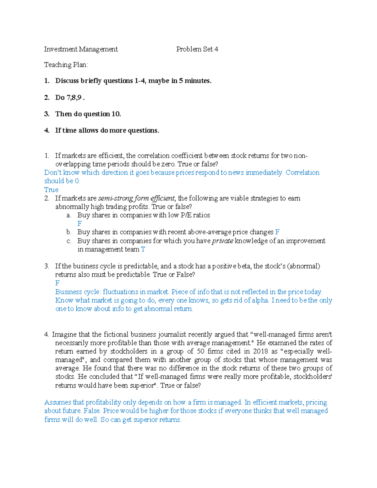 Problem Set 4 Questions - Investment Management Problem Set 4 Teaching Plan: 1. Discuss briefly ...