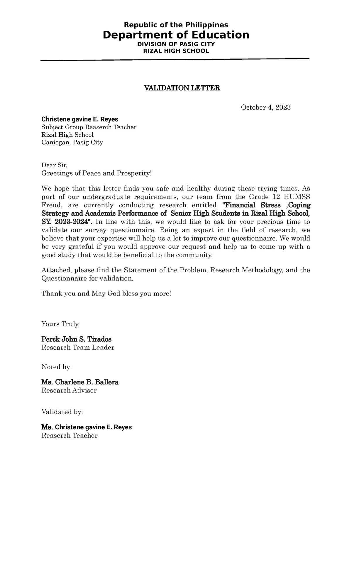 Validation Letter Template Ms - Republic of the Philippines Department ...