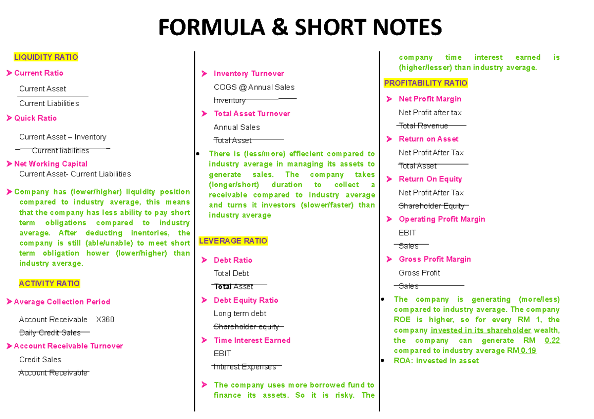 FIN 430 Notes Final Exam - LIQUIDITY RATIO Current Ratio Current Asset ...