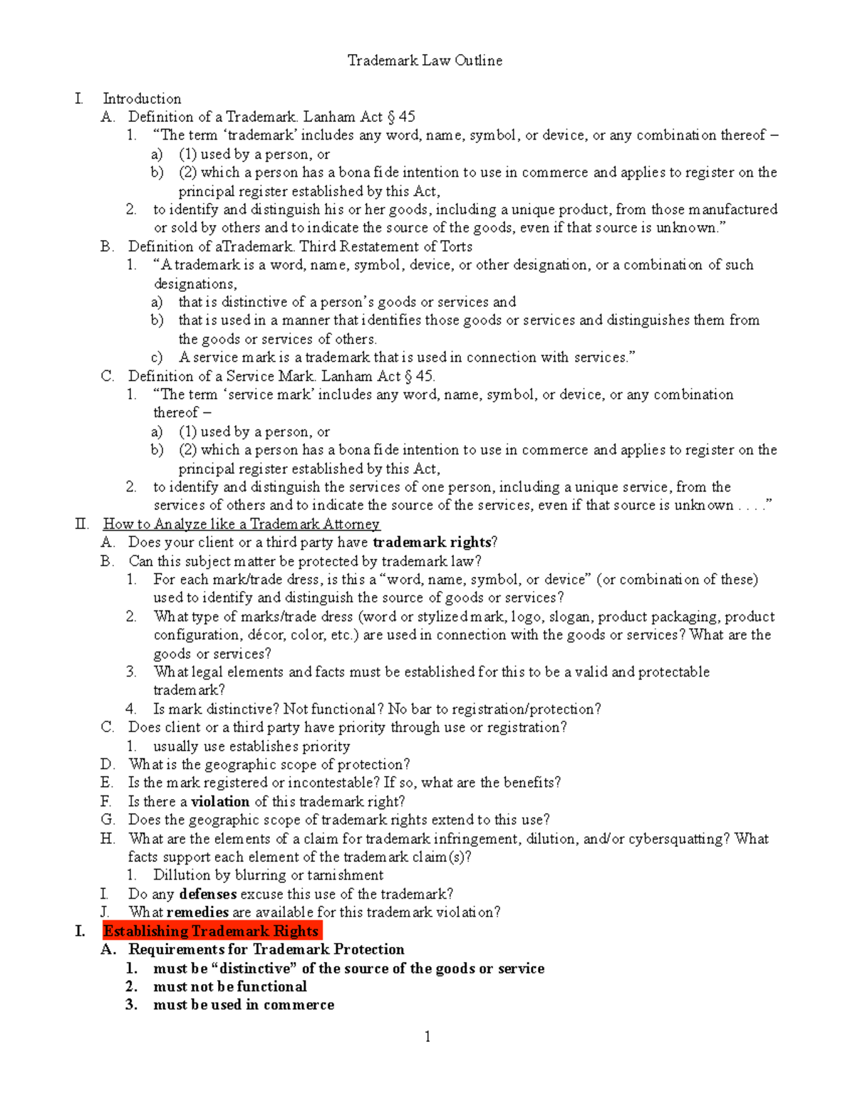 Trademark Law Ramsey Fall 2018 Outline - I. Introduction A. Definition ...