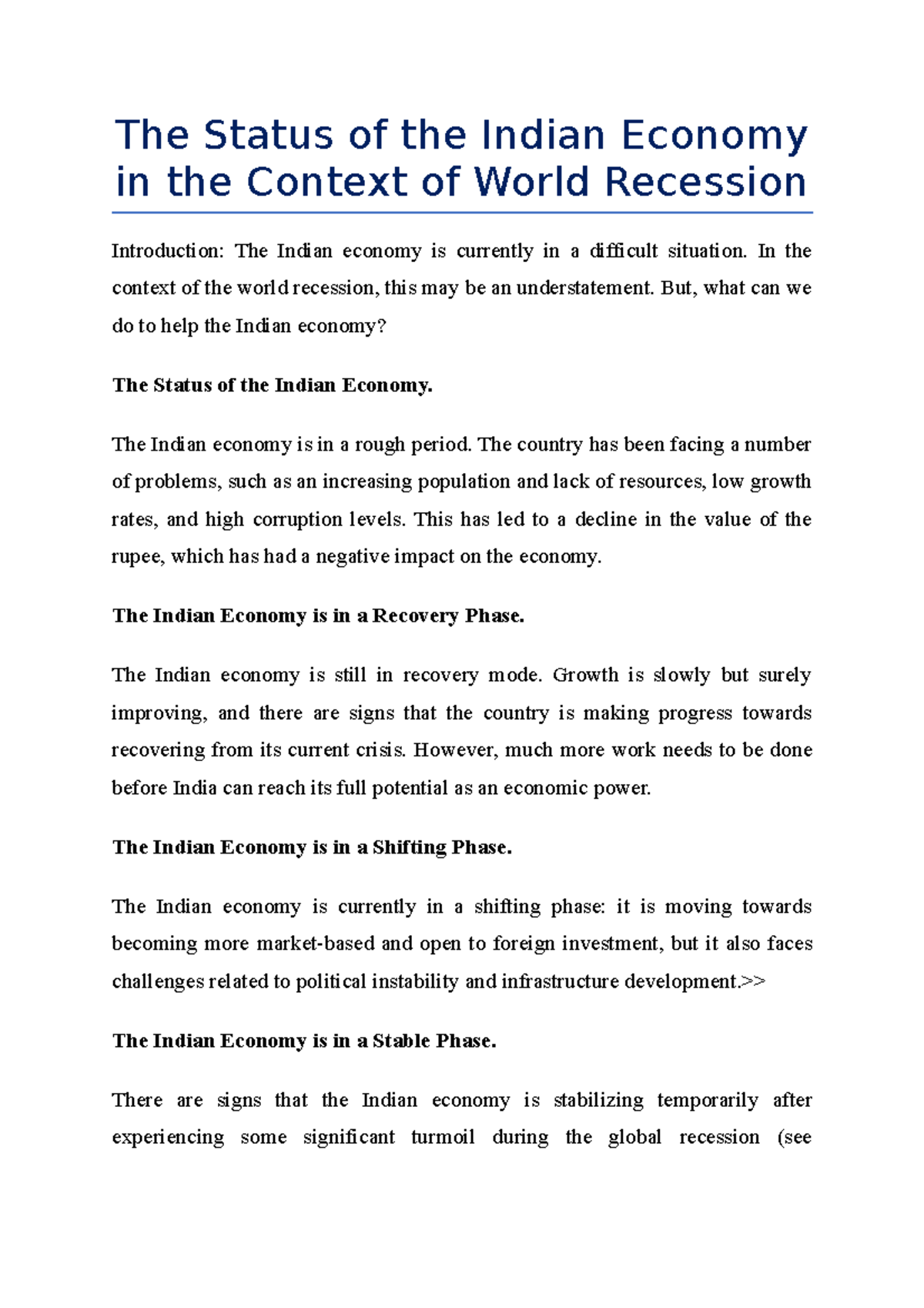 The Status of the Indian Economy in the Context of World Recession ...