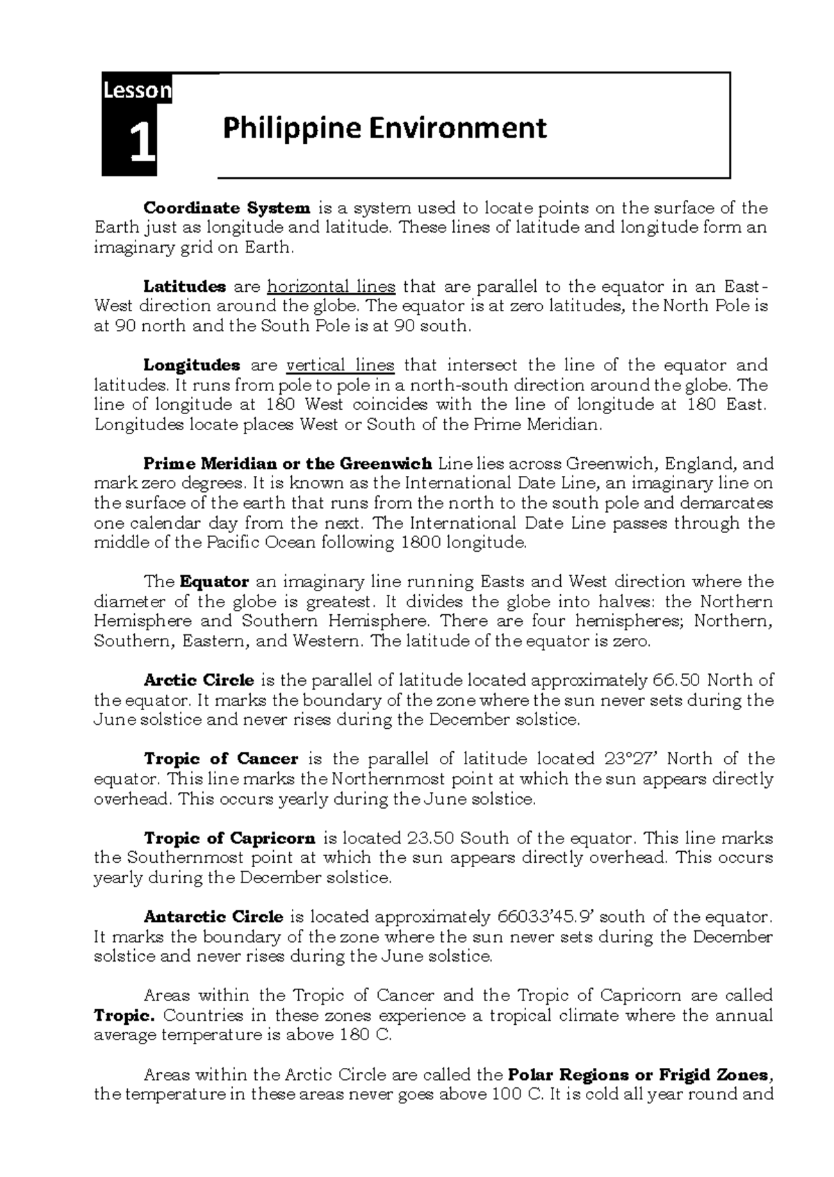 Science 7 - Module - Lesson 1 Philippine Environment Coordinate System ...