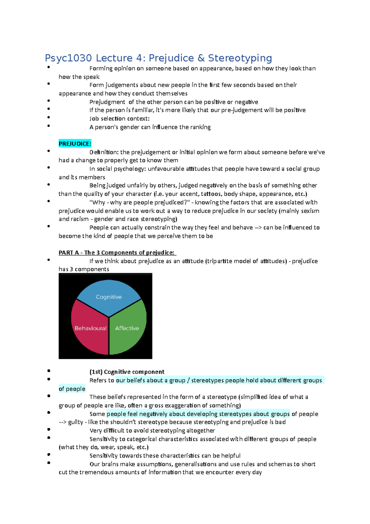 Social Psychology Lecture 4: Prejudice & Stereotyping - Psyc1030 ...
